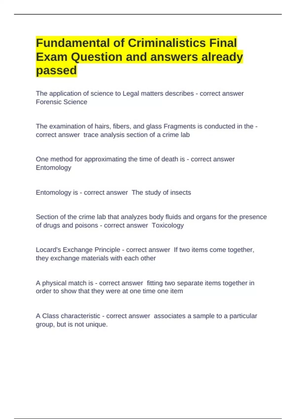 Fundamental of Criminalistics Final Exam Question and answers already ...