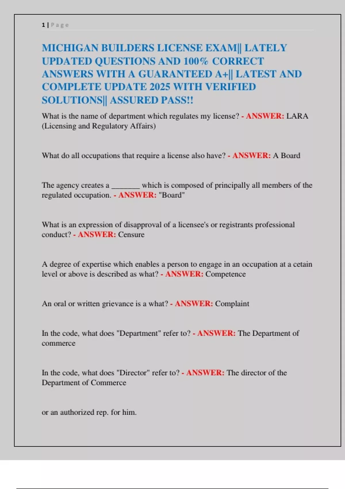 MICHIGAN BUILDERS LICENSE EXAM|| LATELY UPDATED QUESTIONS AND 100% ...