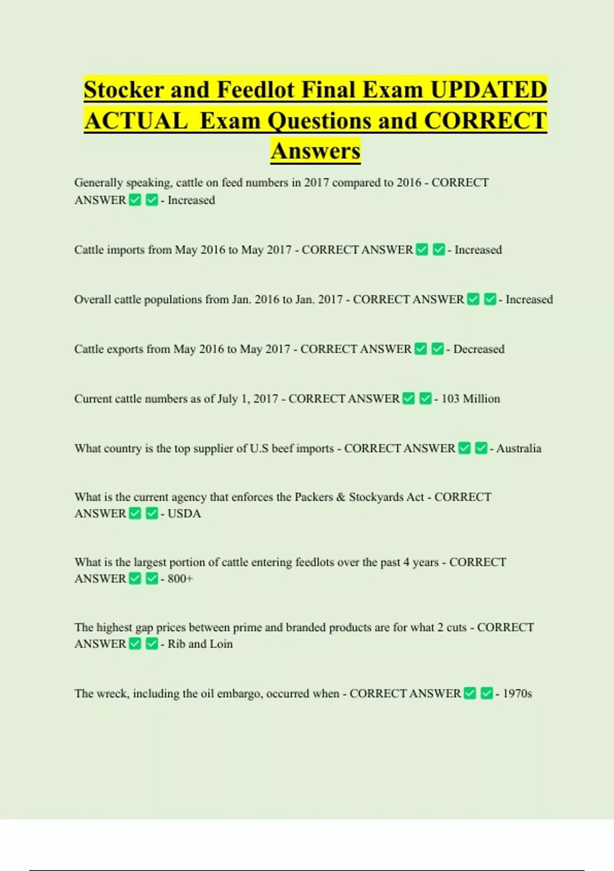 Stocker and Feedlot Final Exam UPDATED ACTUAL Exam Questions and ...