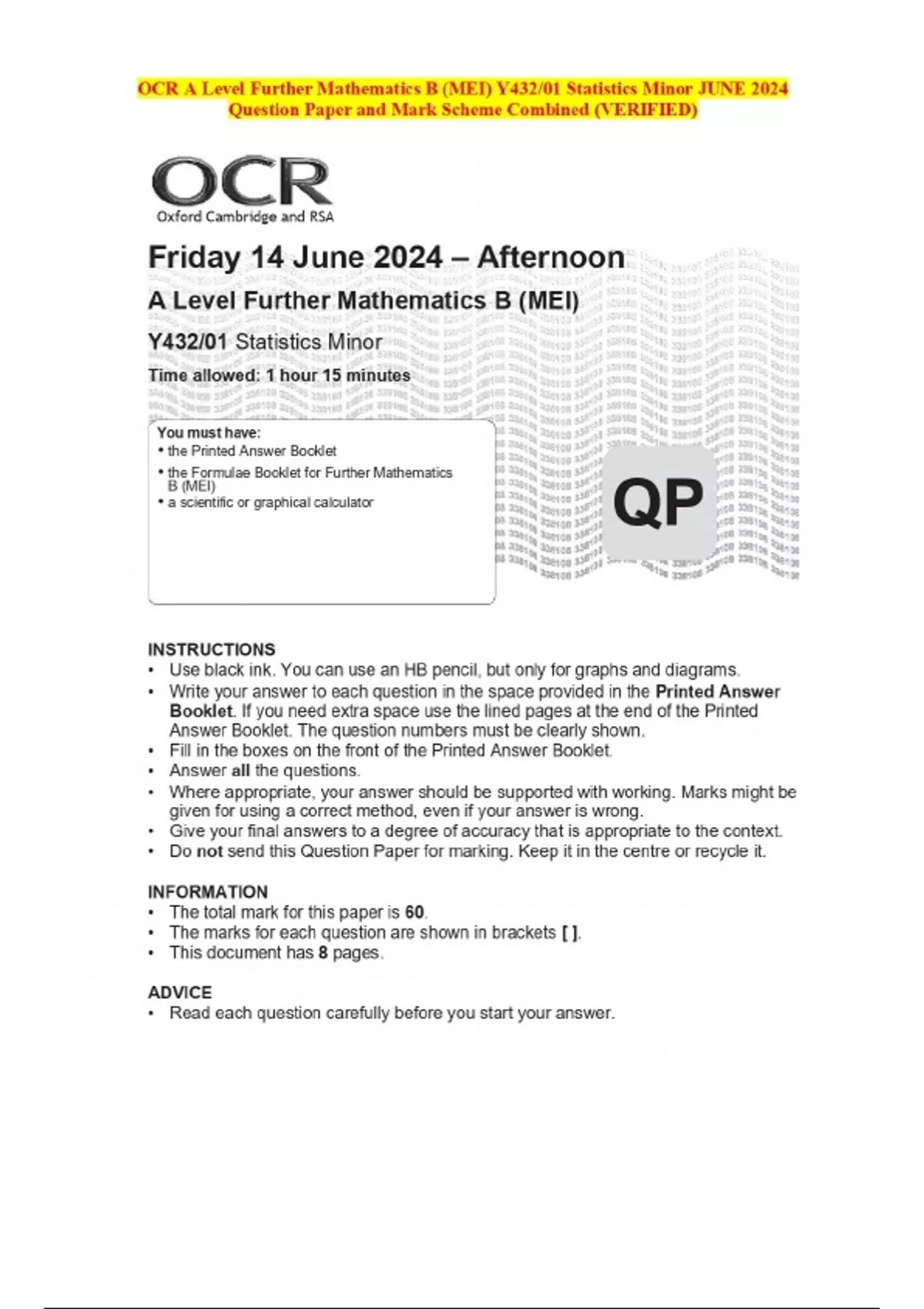 2024 OCR A Level Further Mathematics B (MEI) Y432/01 Statistics Minor JUNE Question Paper and ...