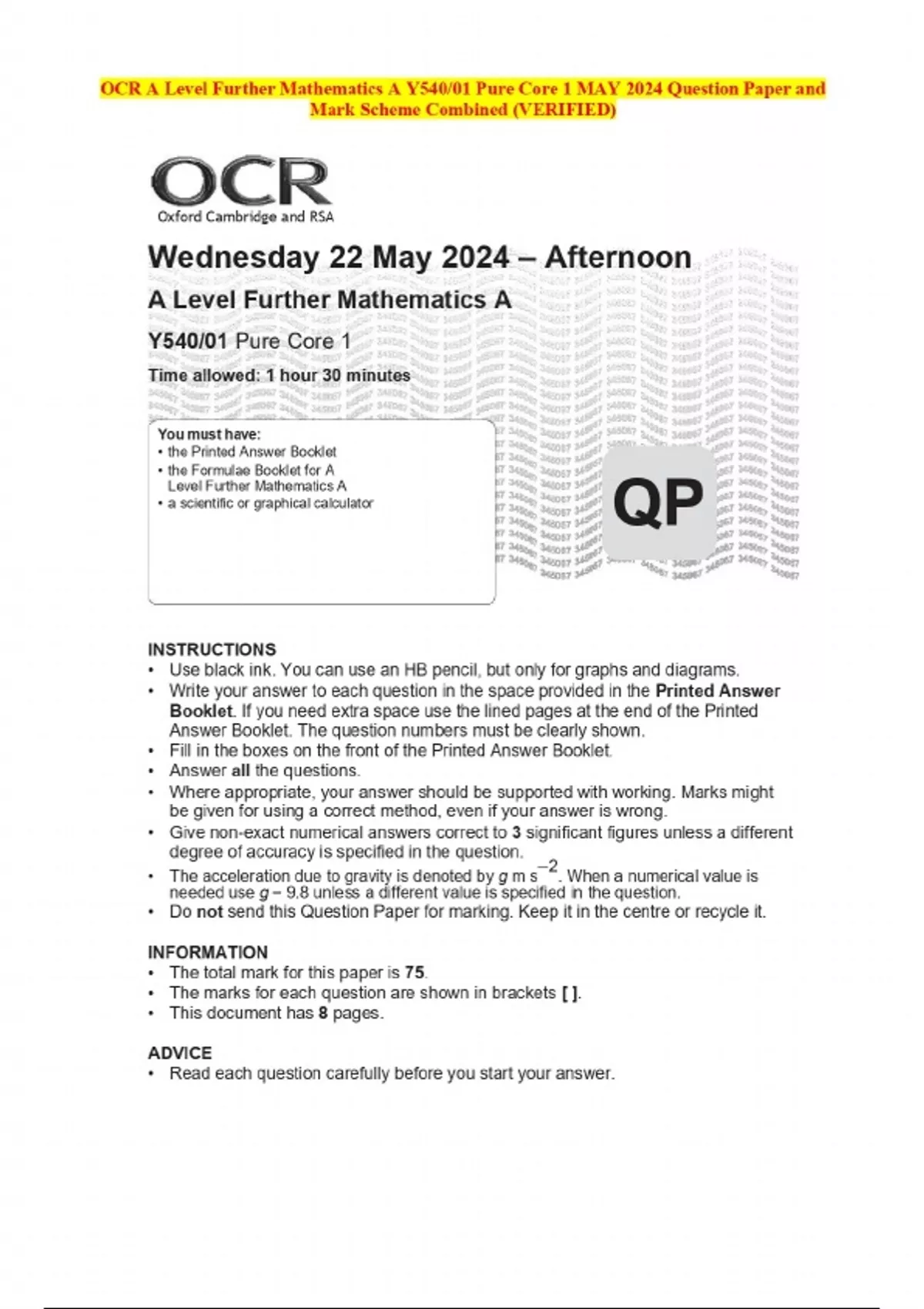 2024 OCR A Level Further Mathematics A Y540/01 Pure Core 1 MAY Question ...