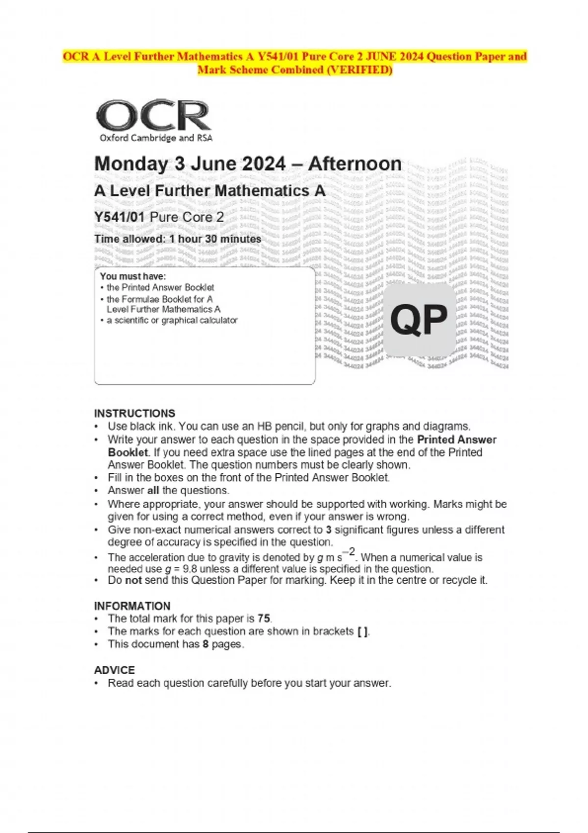 2024 OCR A Level Further Mathematics A Y541/01 Pure Core 2 JUNE ...
