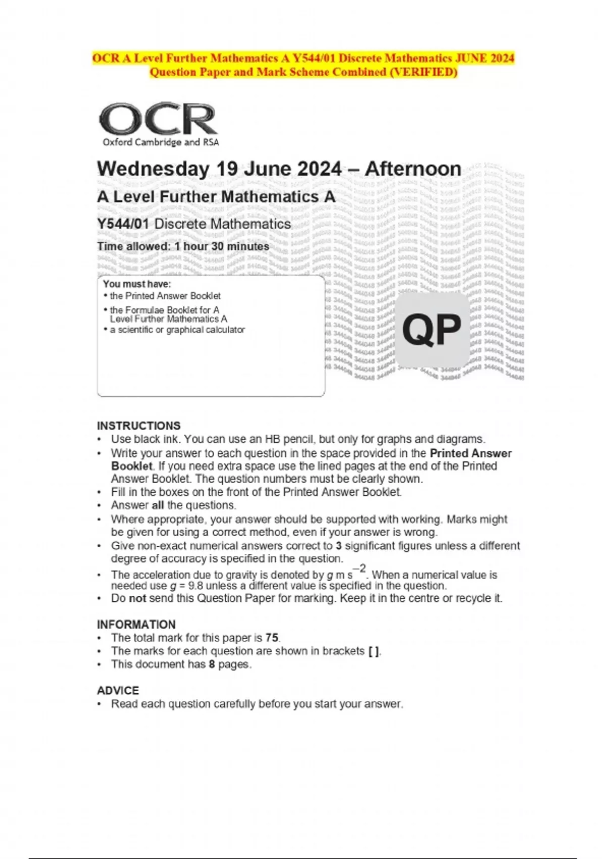 2024 OCR A Level Further Mathematics A Y544/01 Discrete Mathematics ...