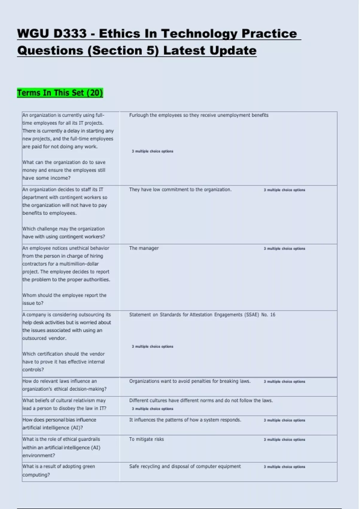 WGU D333 - Ethics In Technology Practice Questions (Section 5) Latest ...