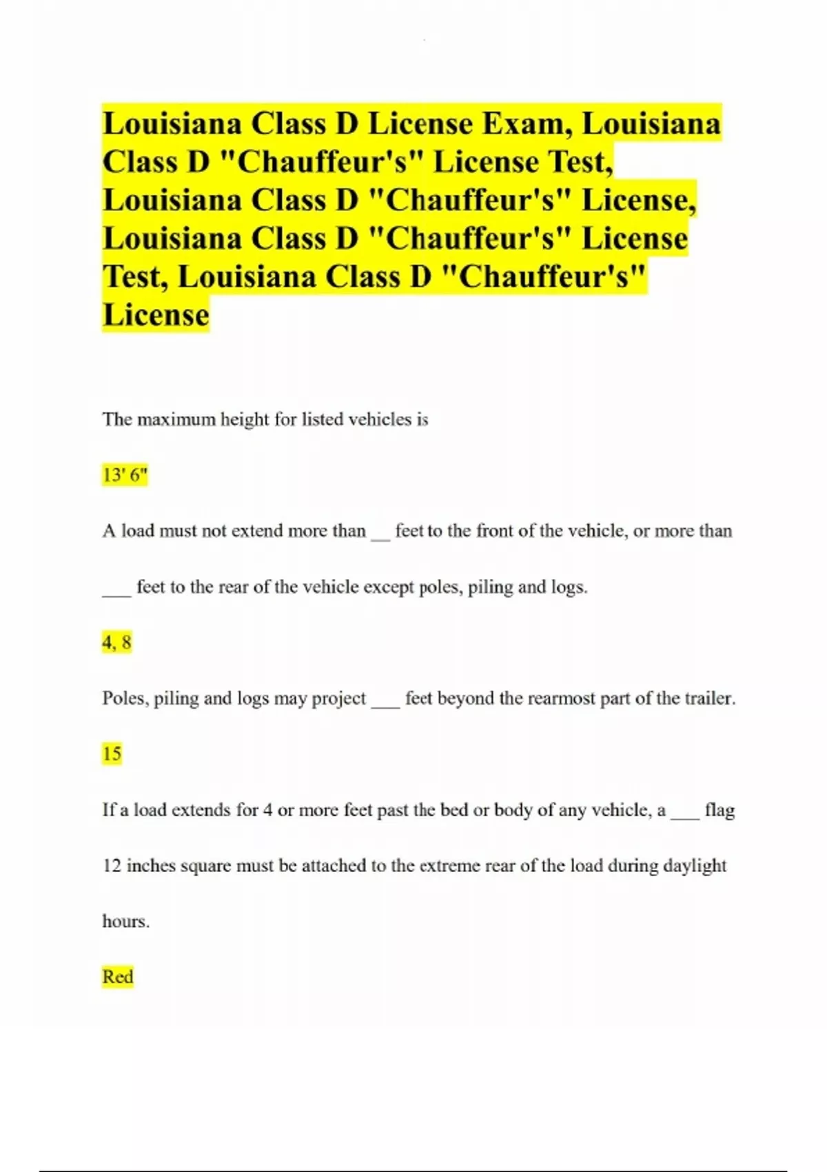 Louisiana Class D License Exam, Louisiana Class D "Chauffeur's" License ...