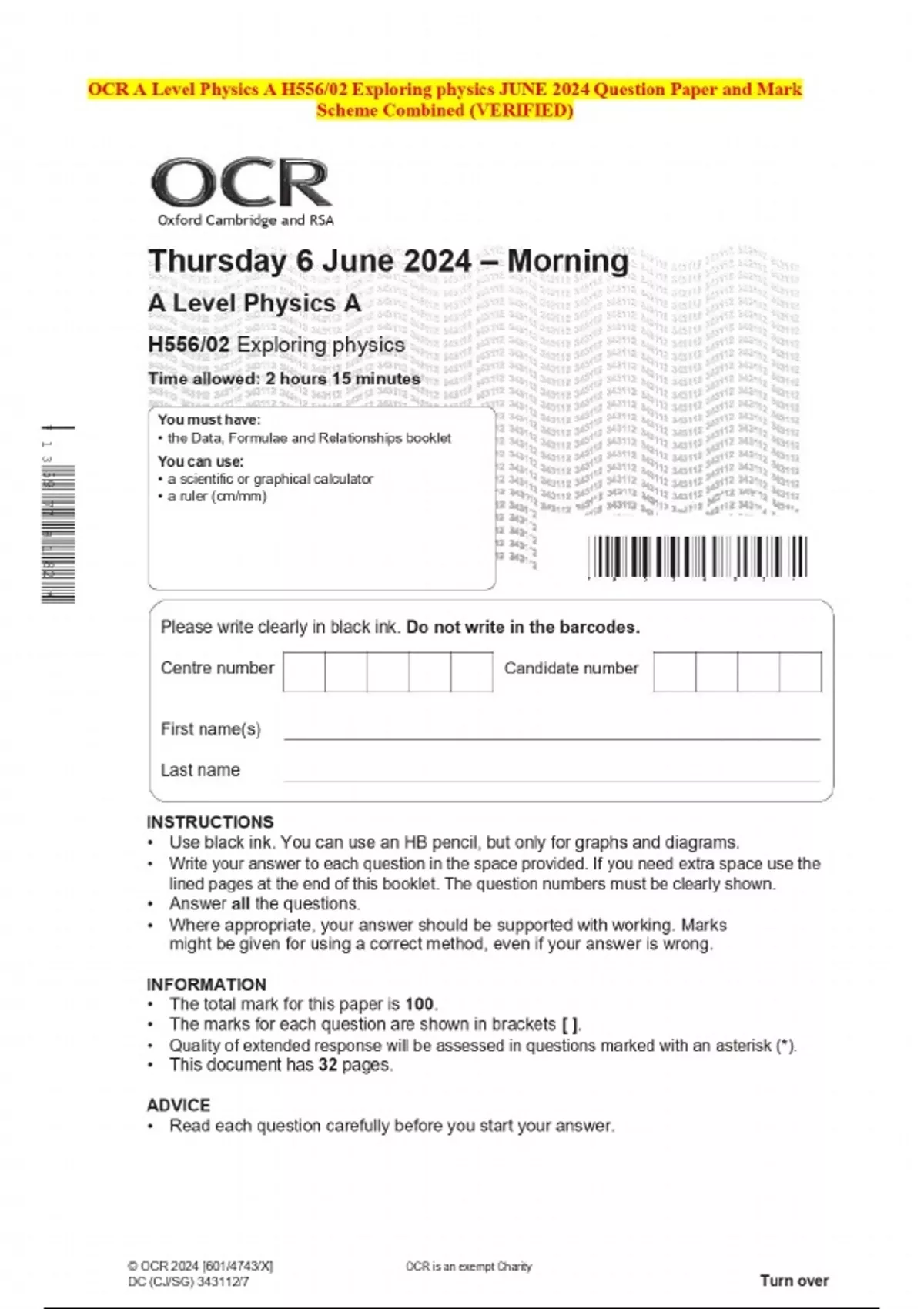 2024 Ocr A Level Physics A H55602 Exploring Physics June Question 8006