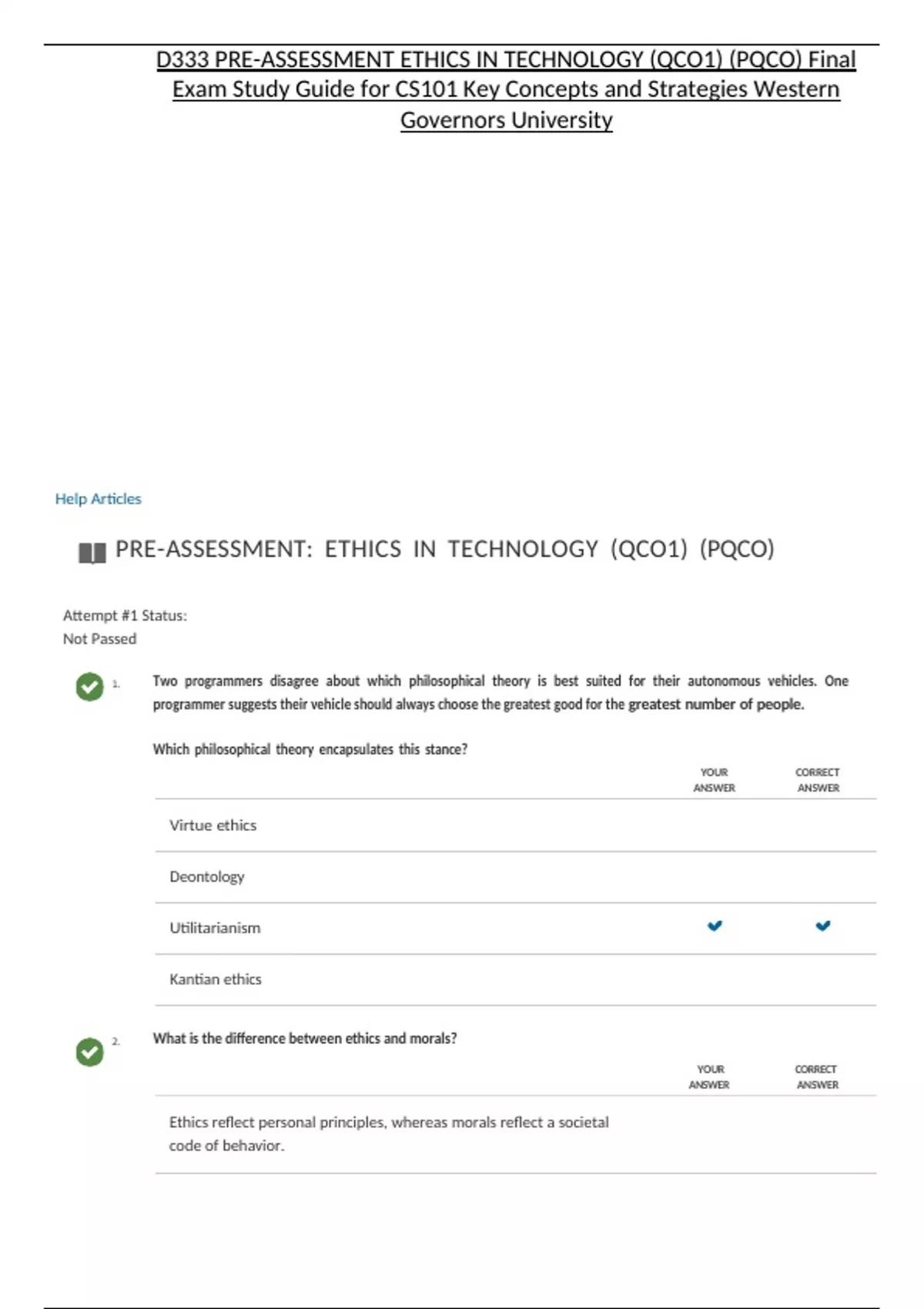 D333 PRE-ASSESSMENT ETHICS IN TECHNOLOGY (QCO1) (PQCO) Final Exam Study Guide for CS101 Key ...