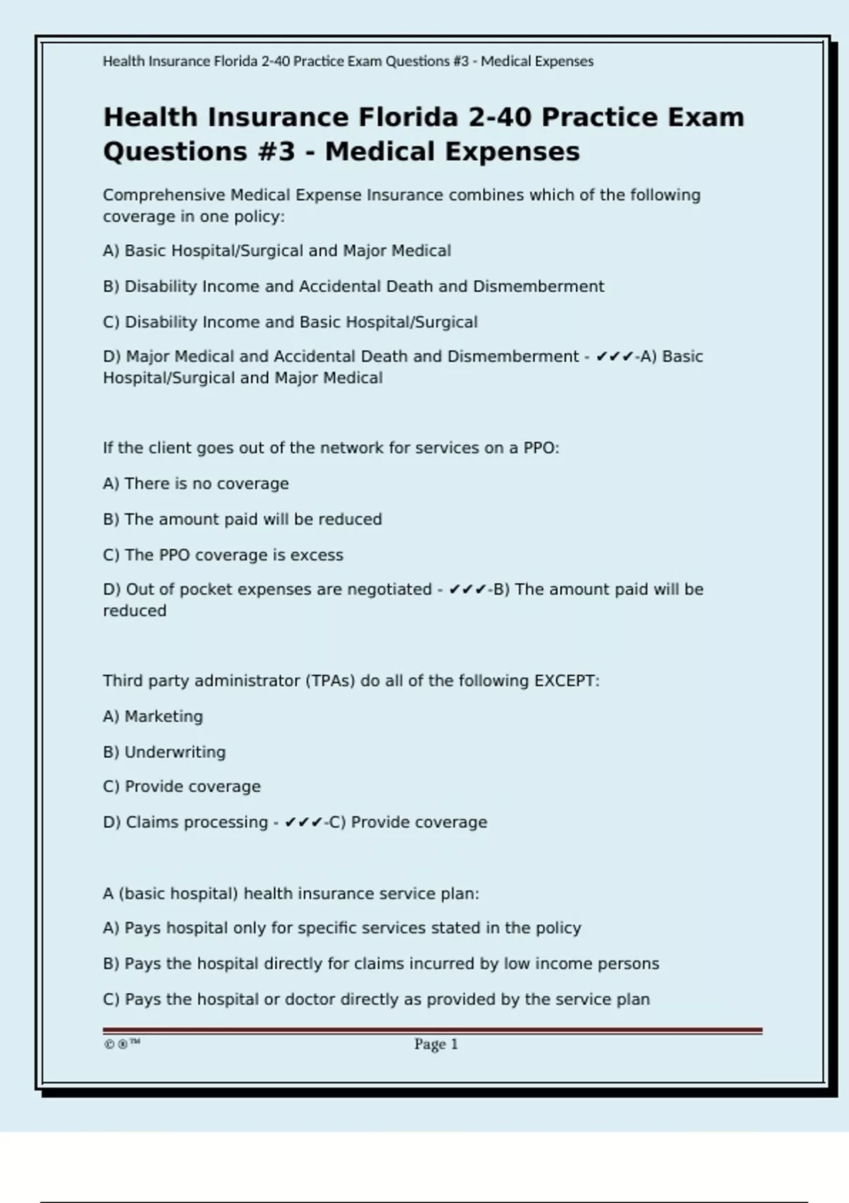 Health Insurance Florida 2-40 Practice Exam Questions #3 - Medical ...