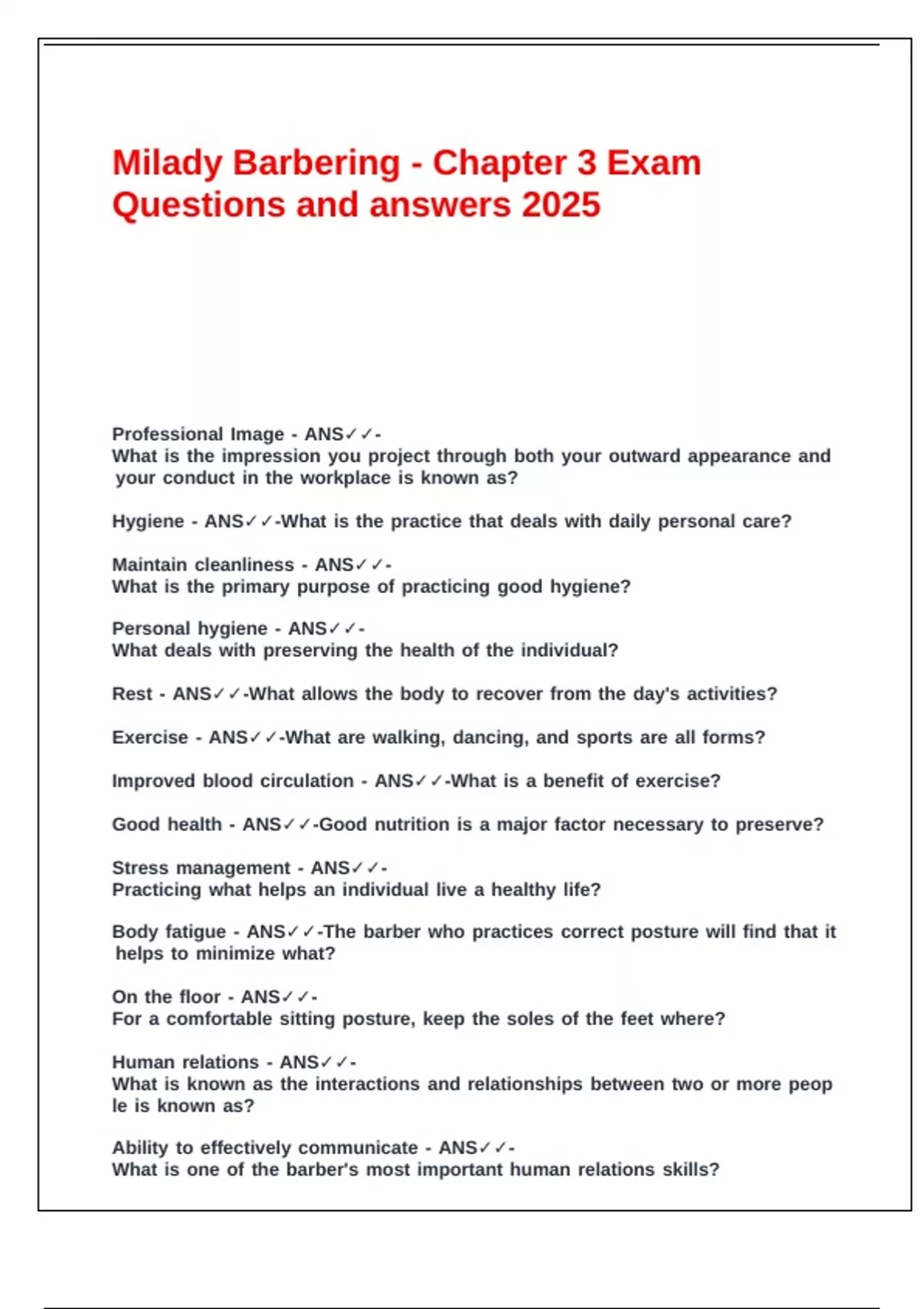 Milady Barbering - Chapter 3 Exam Questions and answers 2025. - Barber ...