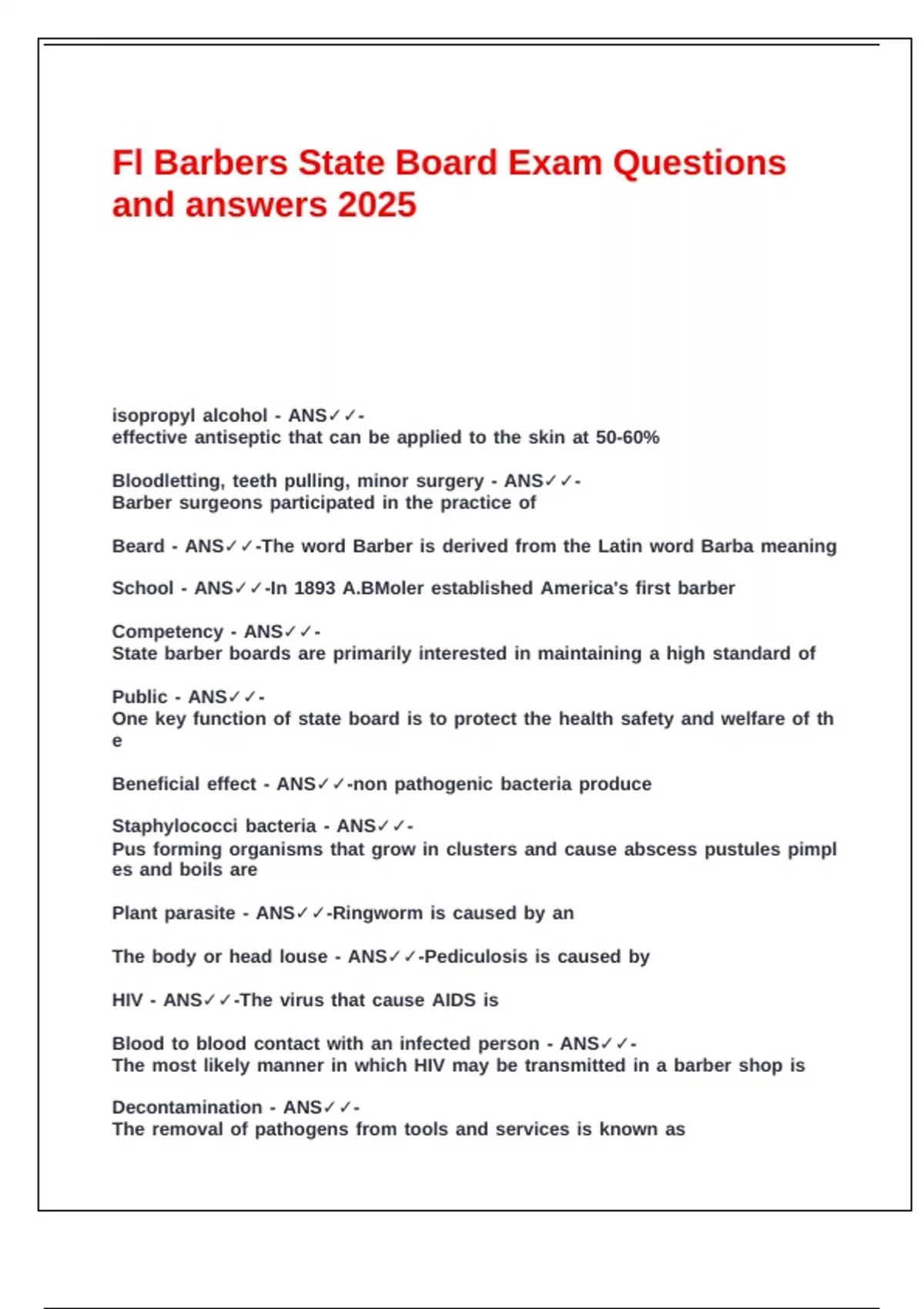 Fl Barbers State Board Exam Questions and answers 2025. - Barber ...