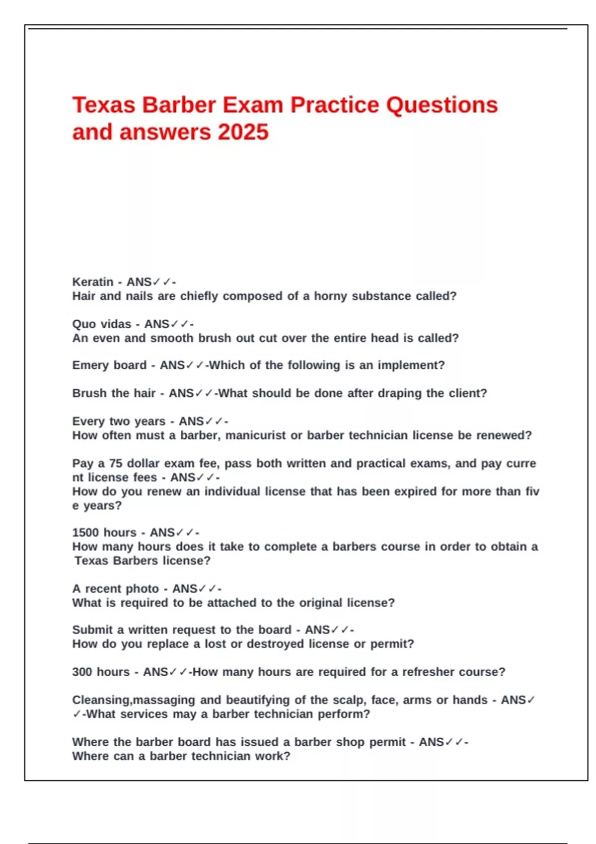 Texas Barber Exam Practice Questions and answers 2025. - Barber - Stuvia US