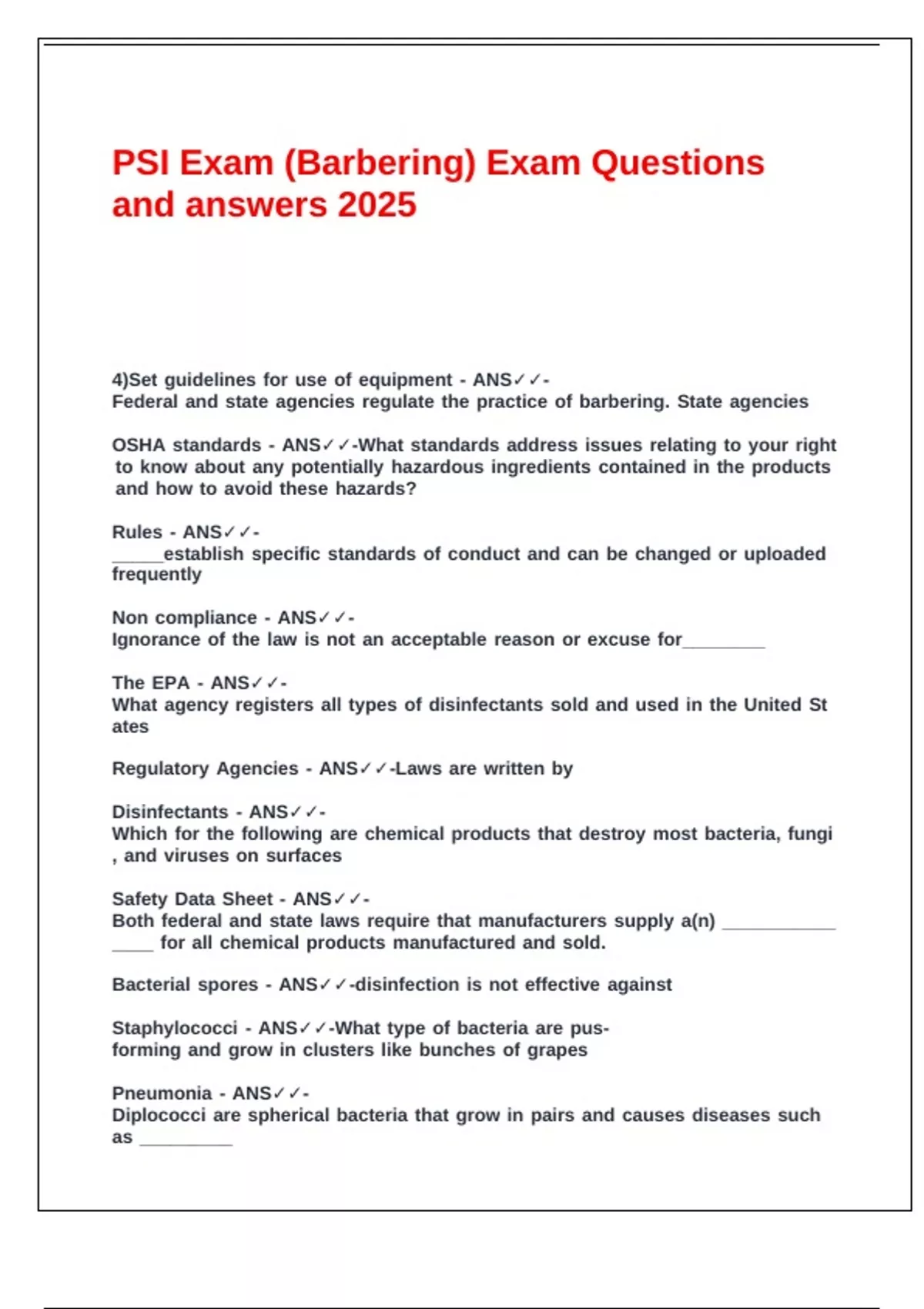 PSI Exam (Barbering) Exam Questions and answers 2025. - Barber - Stuvia US