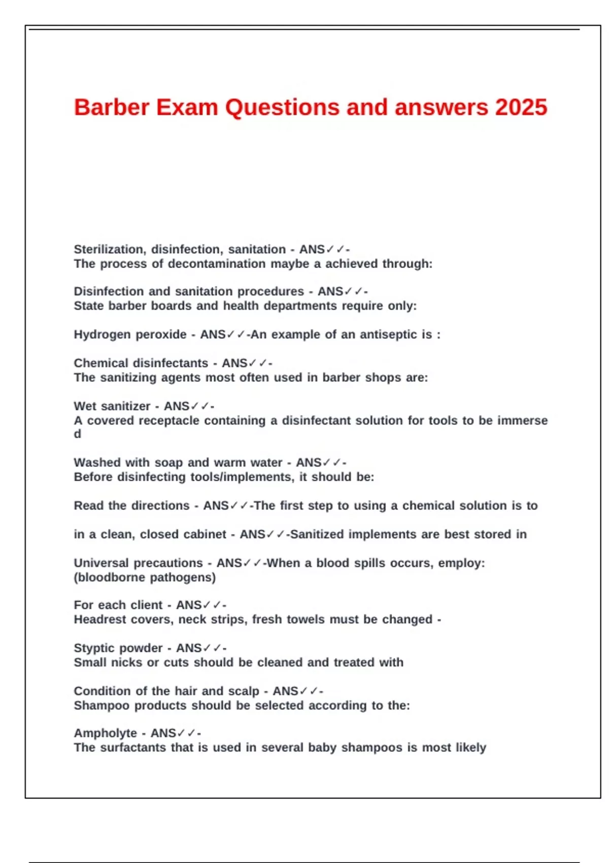 Barber Exam Questions and answers 2025 - Barber - Stuvia US