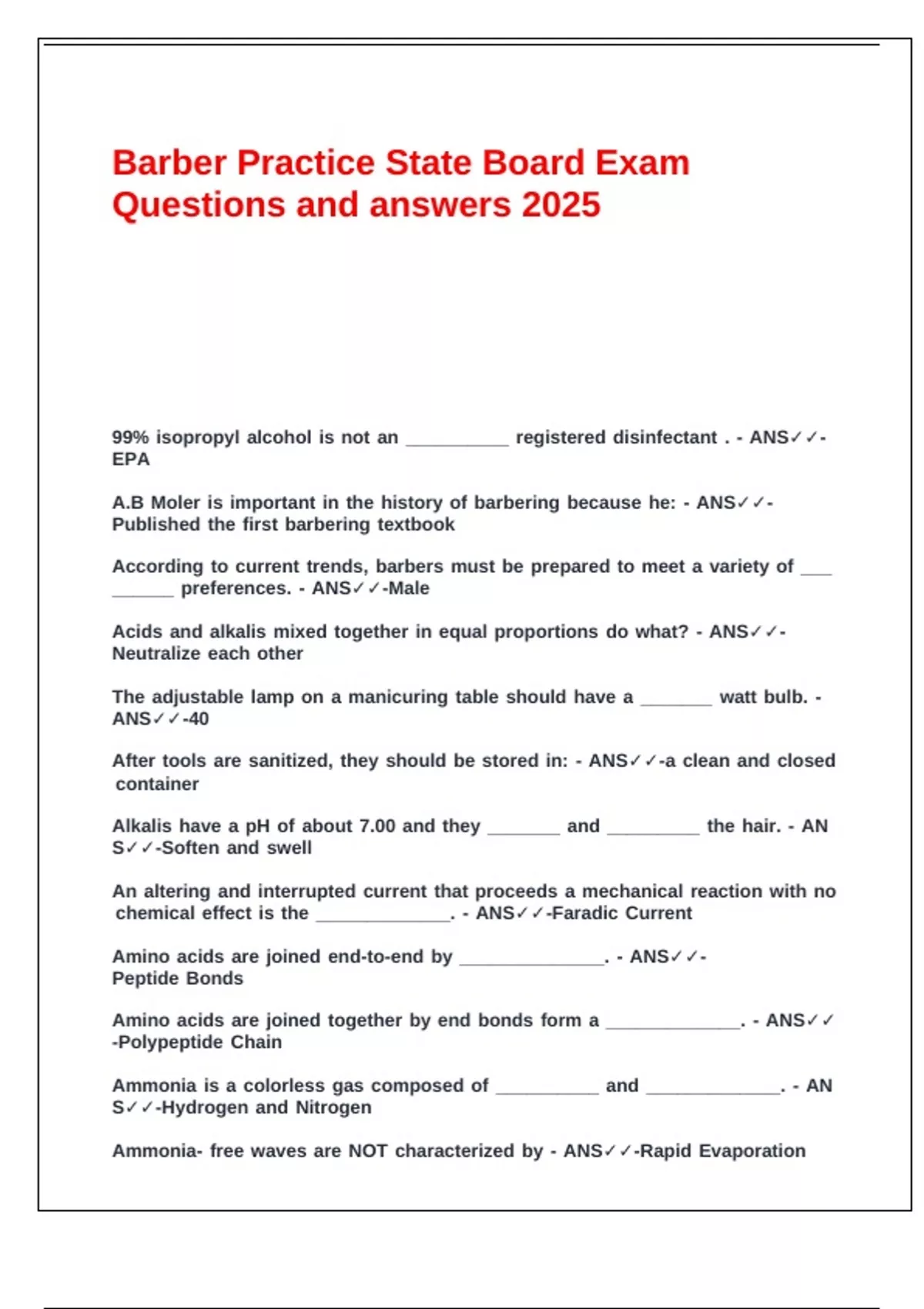 Barber Practice State Board Exam Questions and answers 2025. - Barber ...