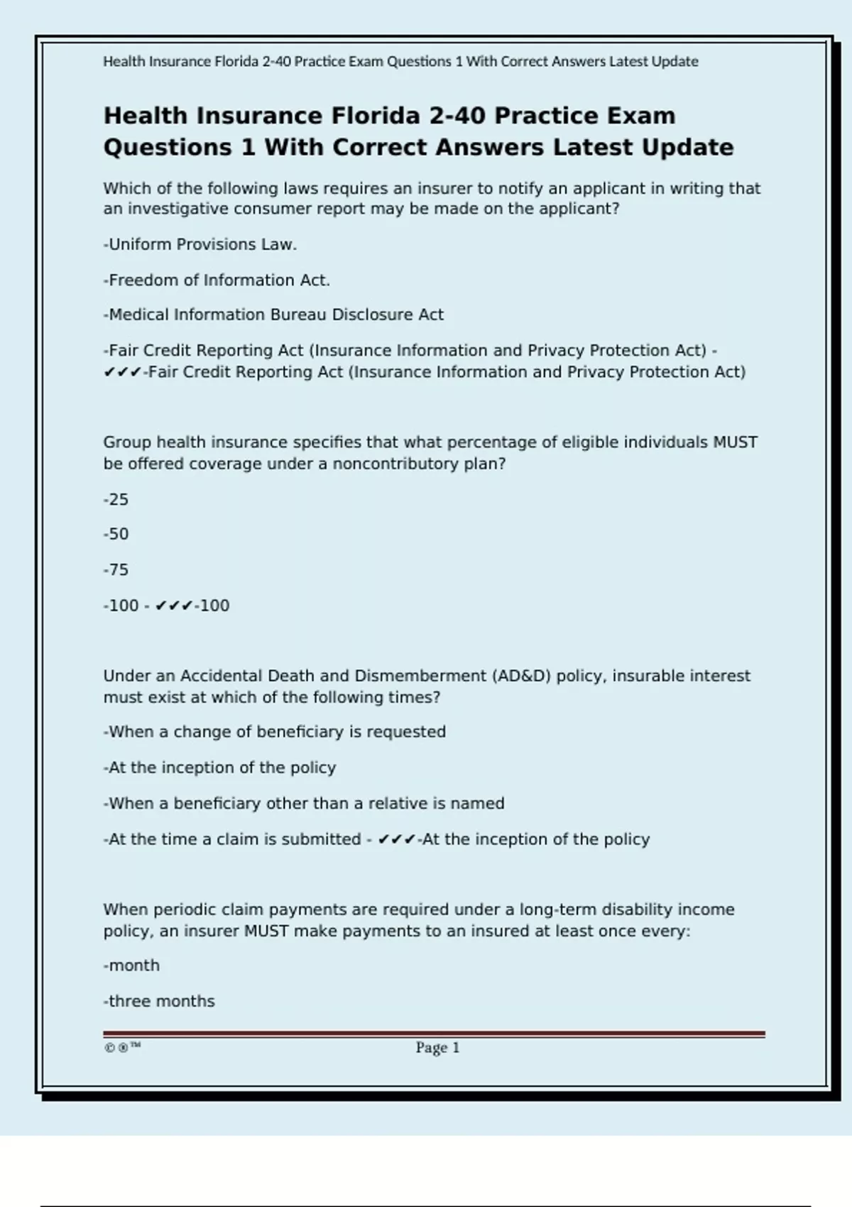 Health Insurance Florida 2-40 Practice Exam Questions 1 With Correct ...