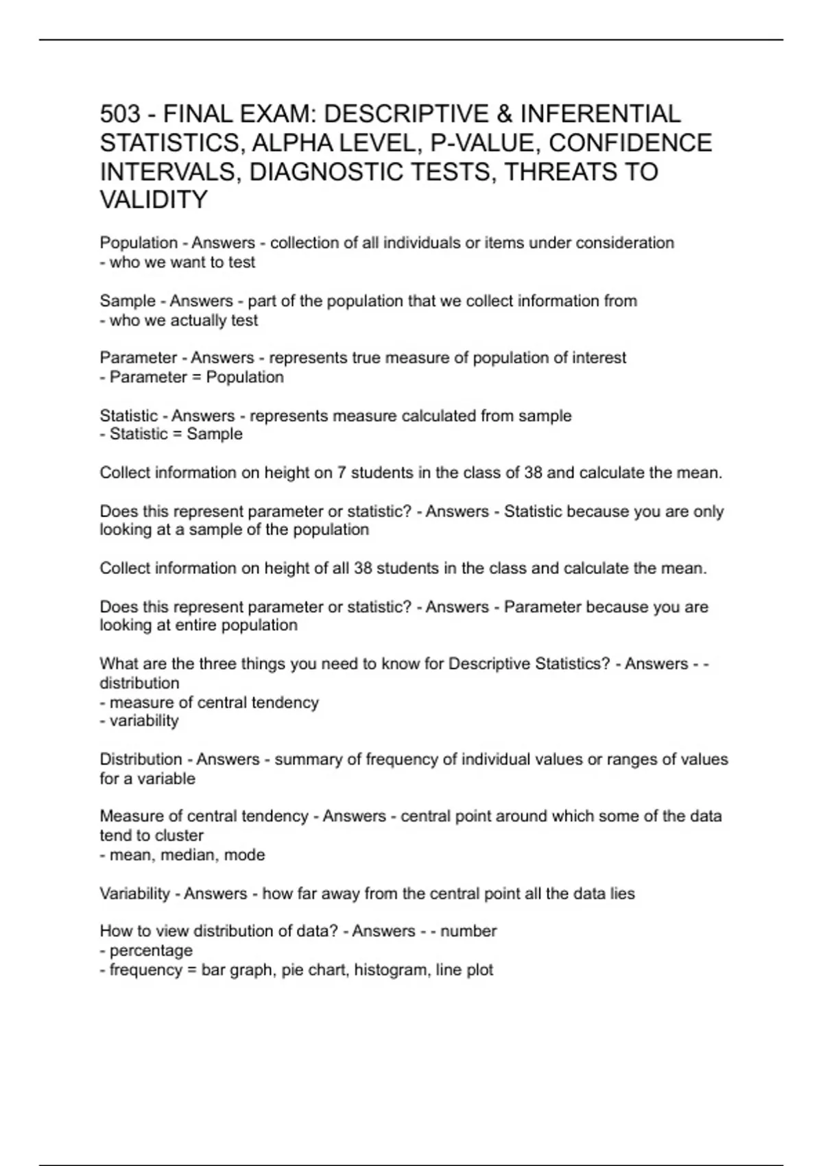 503 - FINAL EXAM: DESCRIPTIVE & INFERENTIAL STATISTICS, ALPHA LEVEL, P-VALUE, CONFIDENCE ...