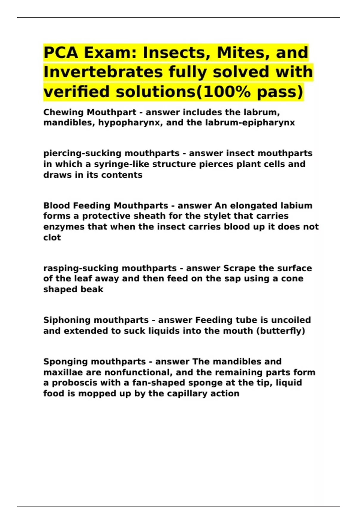 PCA Exam Insects, Mites, and Invertebrates fully solved with verified ...