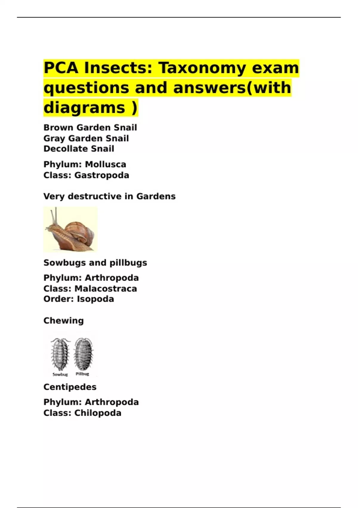 PCA Insects Taxonomy latest updated test questions and answers(with ...