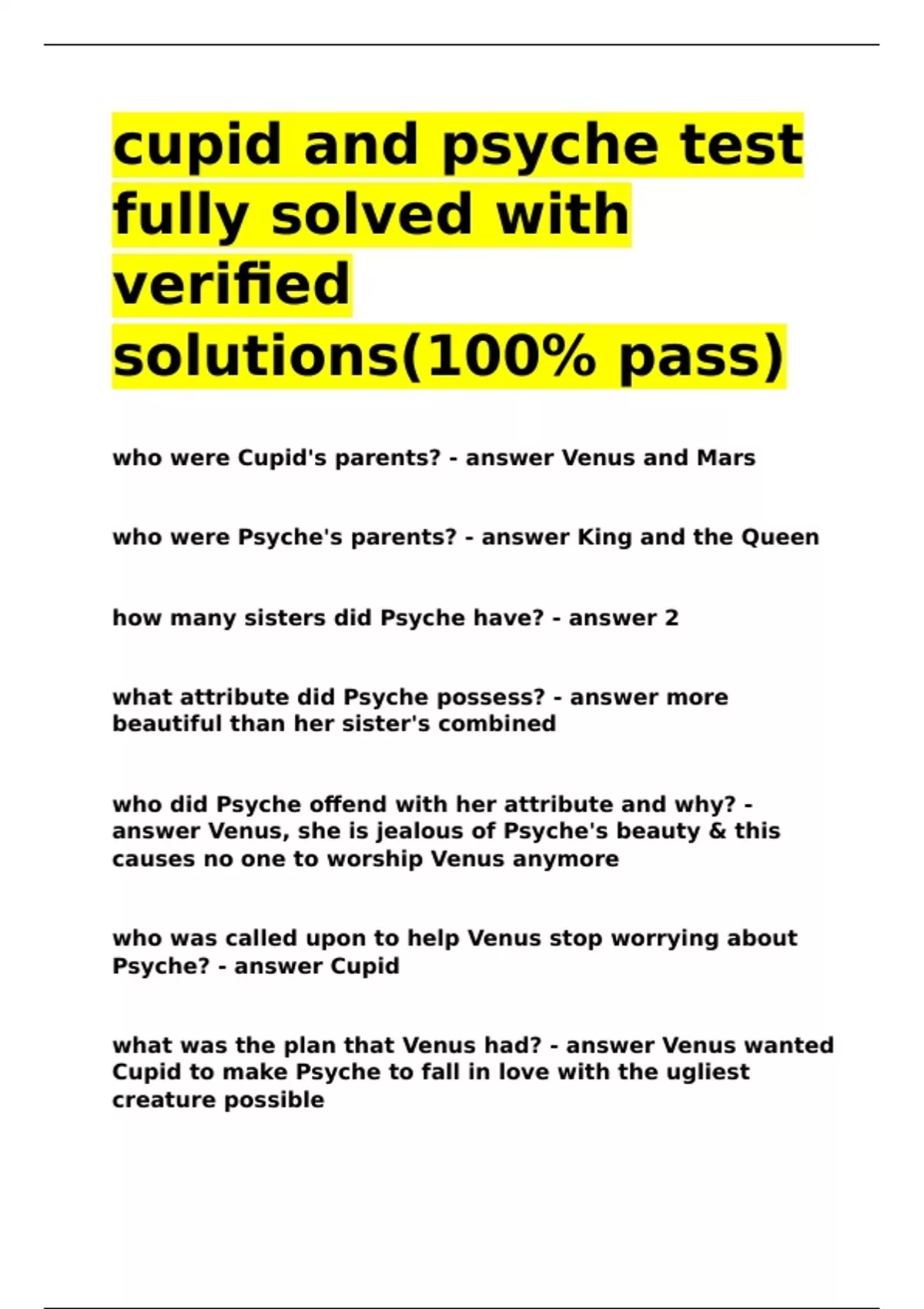 cupid and psyche test fully solved with verified solutions(100- pass ...