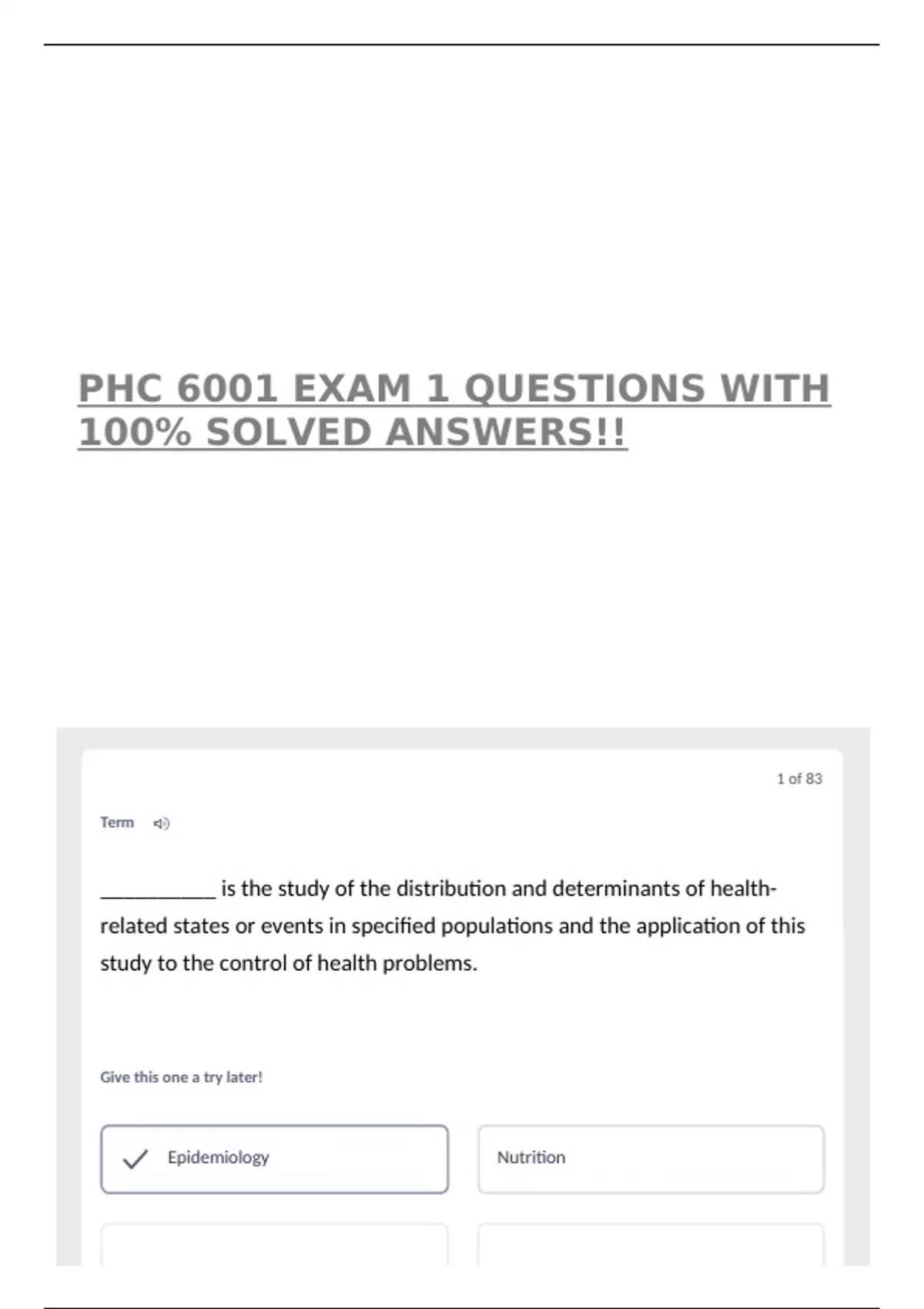 PHC 6001 EXAM 1 QUESTIONS WITH 100% SOLVED ANSWERS!! - PHC 6001 - Stuvia US