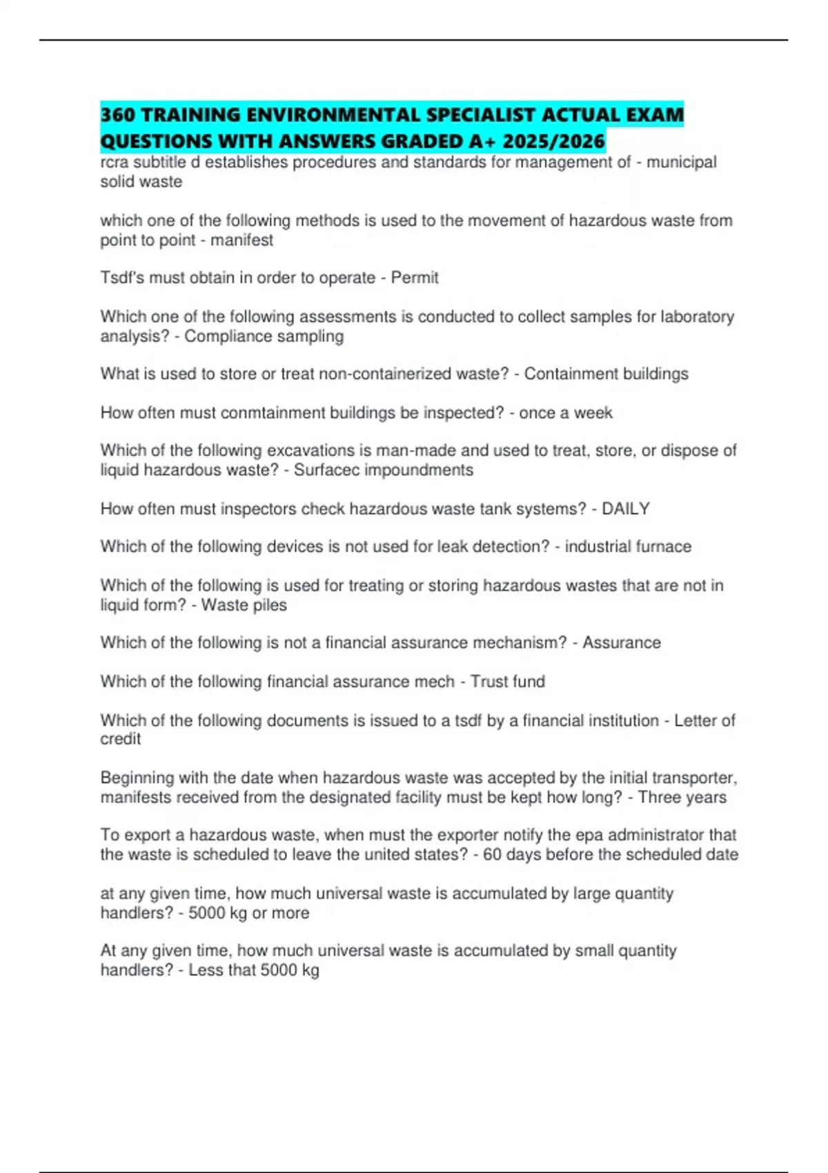 360 TRAINING ENVIRONMENTAL SPECIALIST ACTUAL EXAM QUESTIONS WITH ANSWERS GRADED A+ 2025/2026 ...