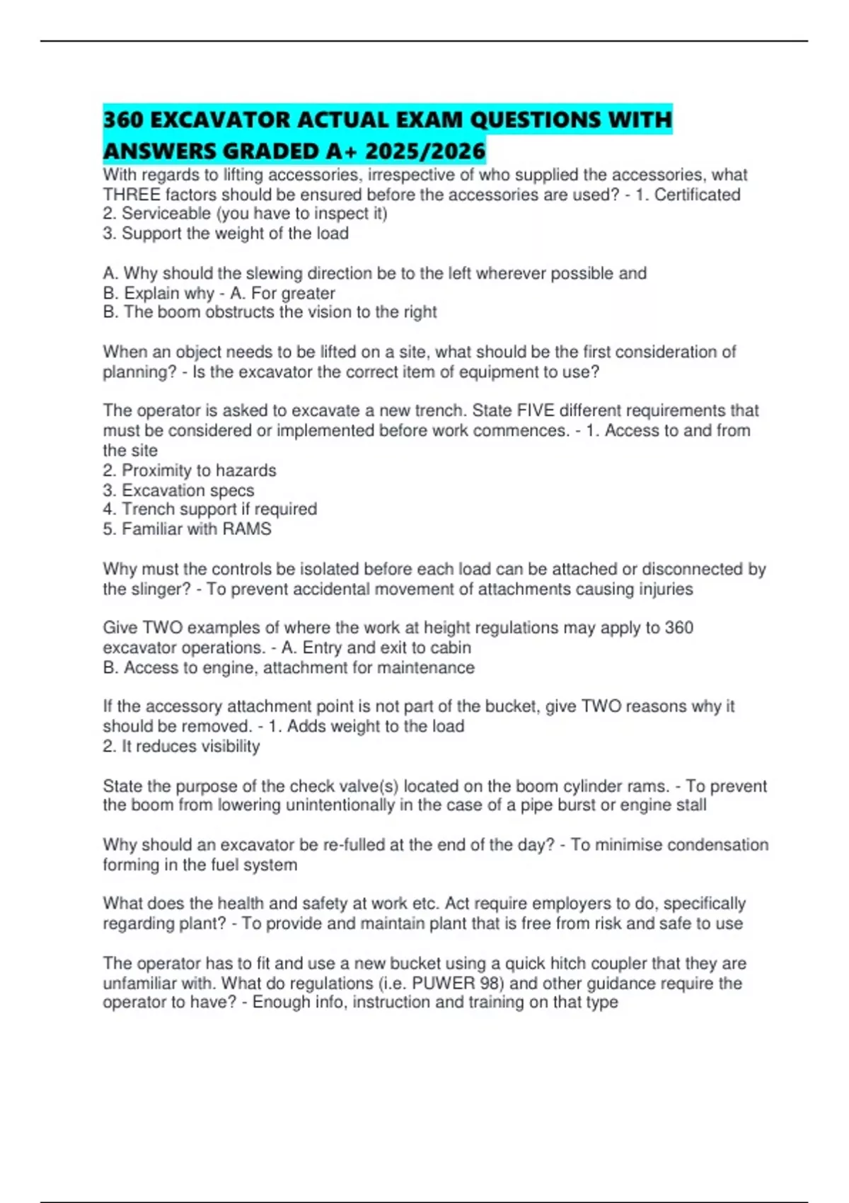 360 EXCAVATOR ACTUAL EXAM QUESTIONS WITH ANSWERS GRADED A+ 2025/2026 ...