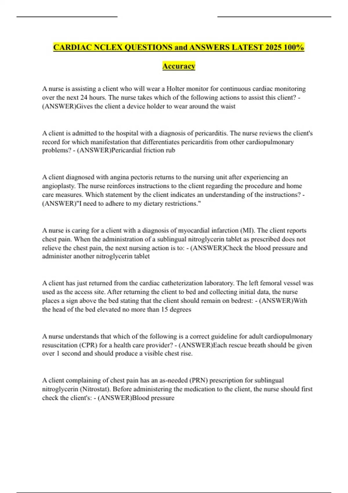 CARDIAC NCLEX QUESTIONS and ANSWERS LATEST 2025 100% Accuracy - CARDIAC ...