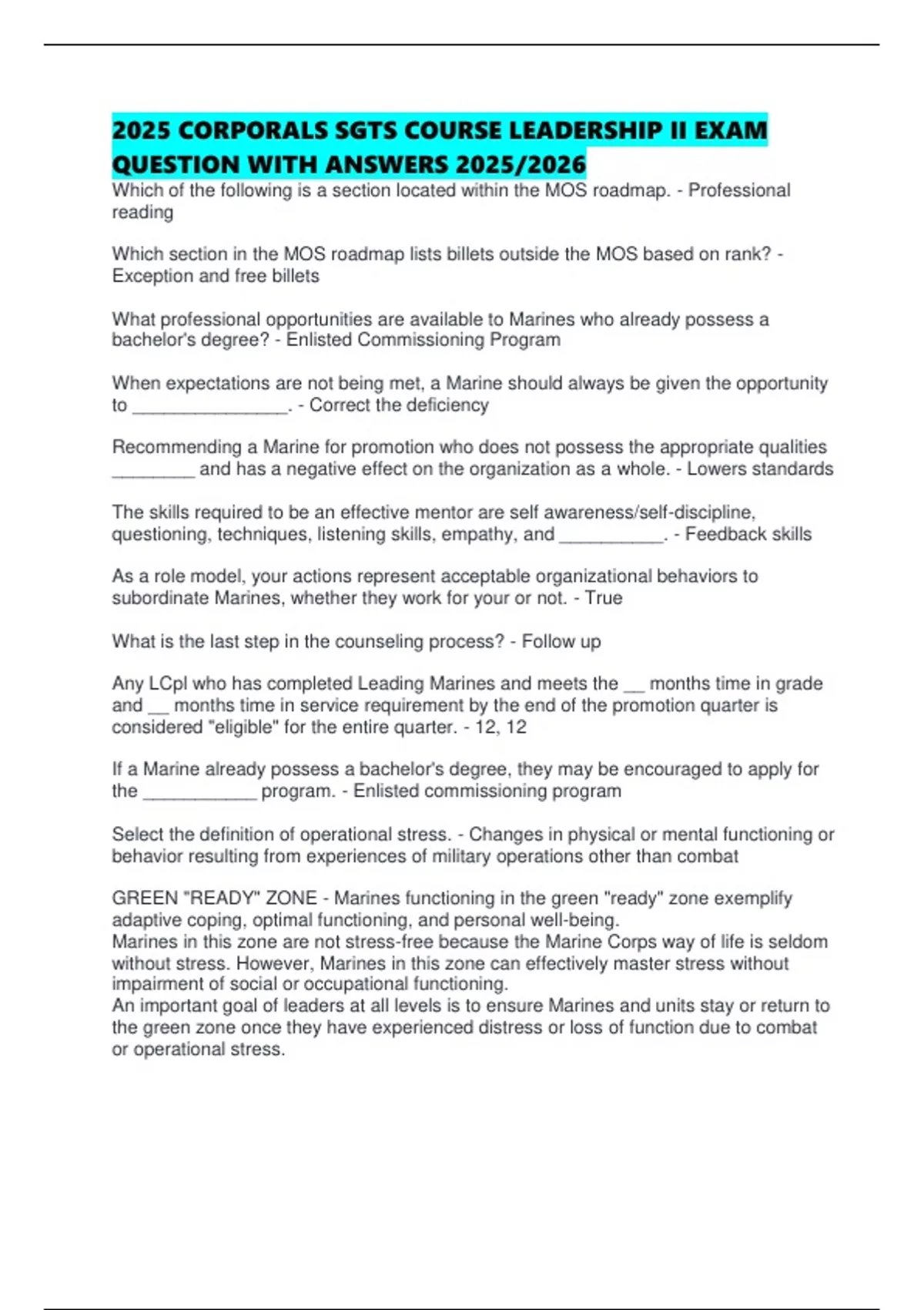 2025 CORPORALS SGTS COURSE LEADERSHIP II EXAM QUESTION WITH ANSWERS 2025/2026 - CORPORALS ...