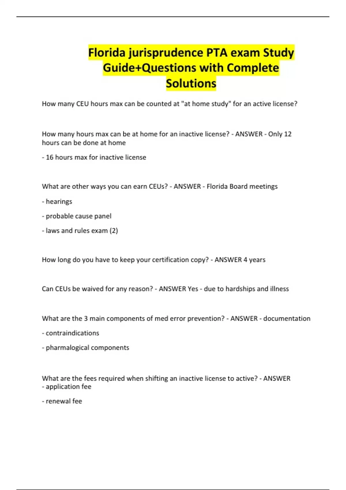 Florida jurisprudence PTA exam Study Guide+Questions with Complete ...