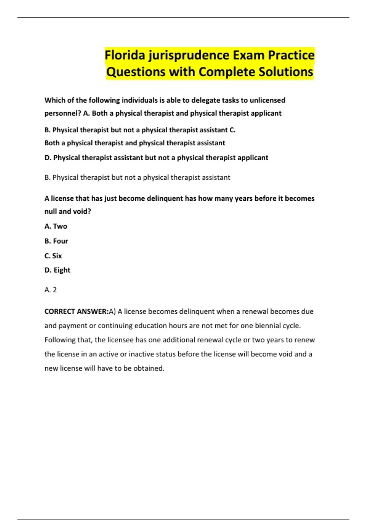 Florida jurisprudence Exam Practice Questions with Complete Solutions ...