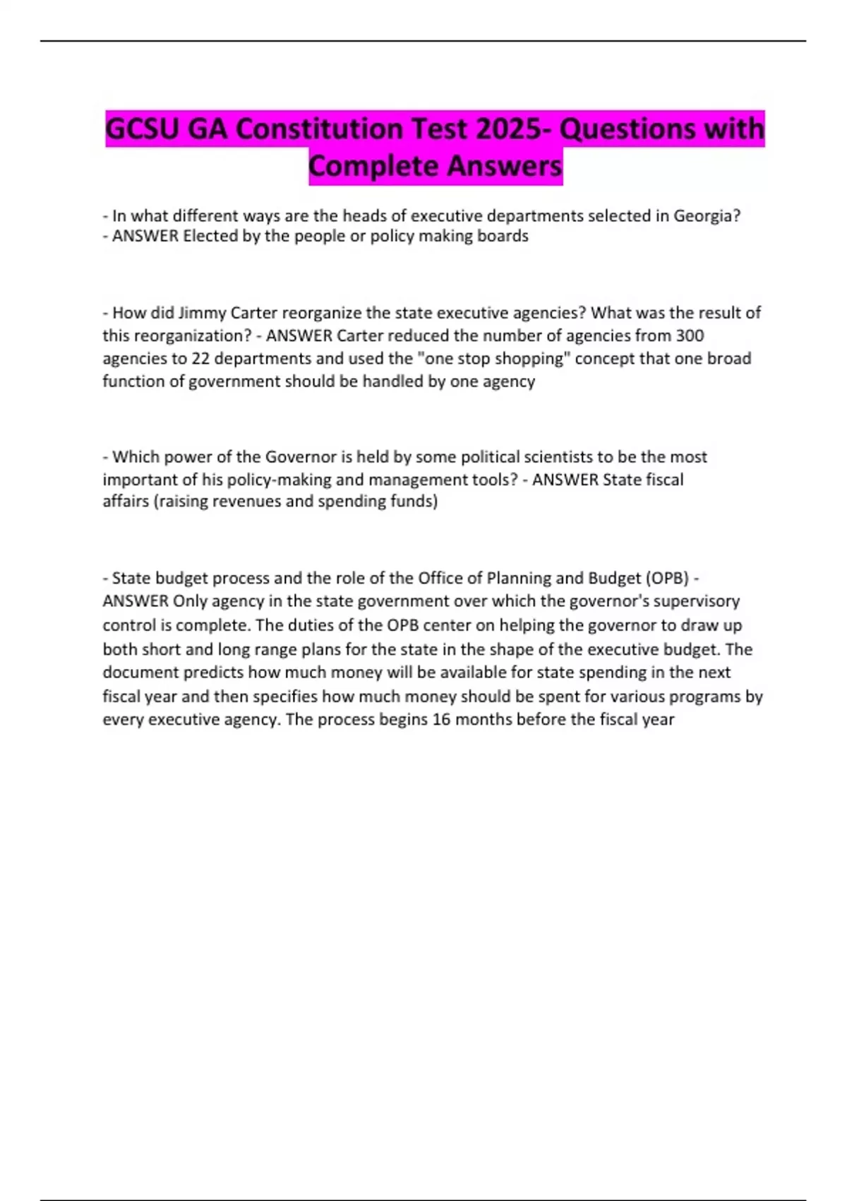 GCSU GA Constitution Test 2025- Questions with Complete Answers - GCSU ...