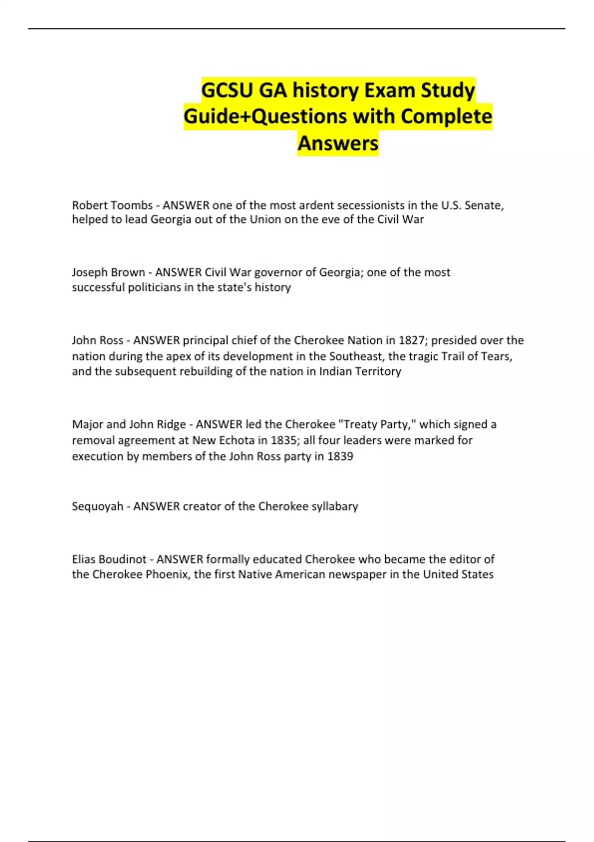 GCSU GA history Exam Study Guide+Questions with Complete Answers - GCSU ...