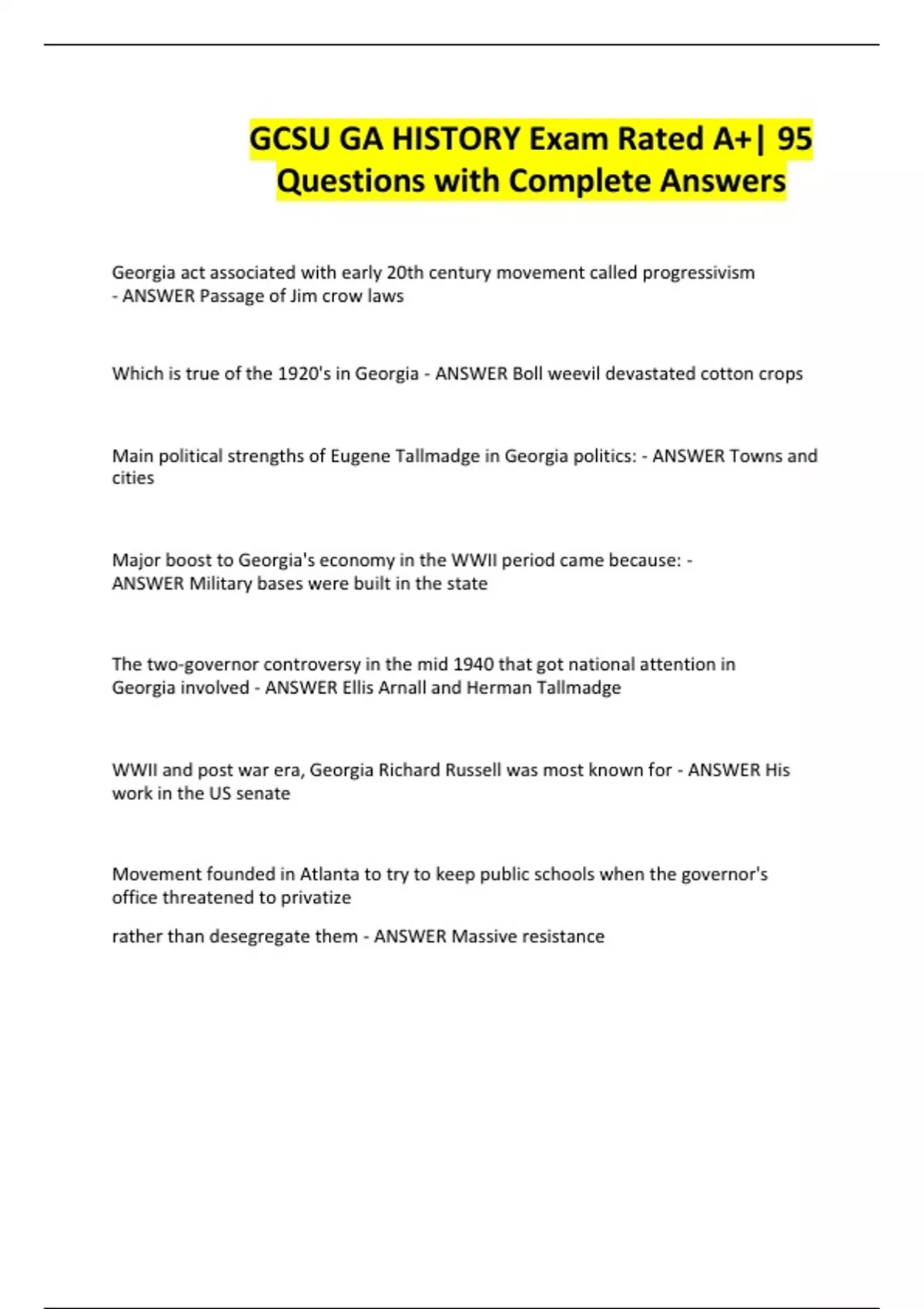 GCSU GA HISTORY Exam Rated A+| 95 Questions with Complete Answers ...