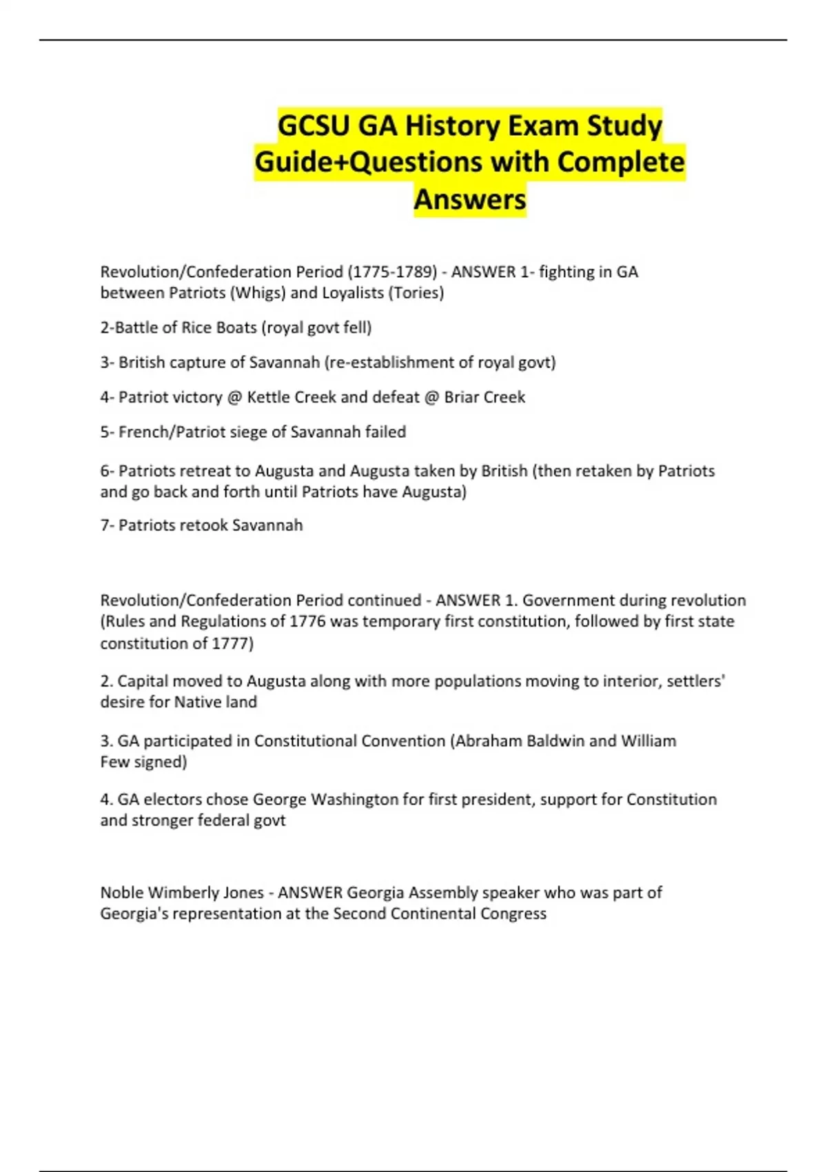 GCSU GA History Exam Study Guide+Questions with Complete Answers - GCSU GA - Stuvia US