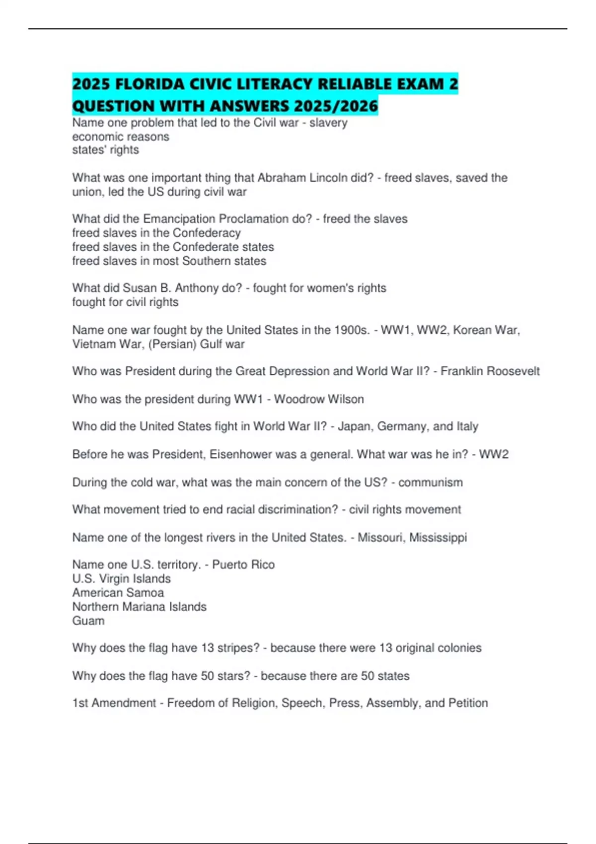 2025 FLORIDA CIVIC LITERACY RELIABLE EXAM 2 QUESTION WITH ANSWERS 2025/ ...