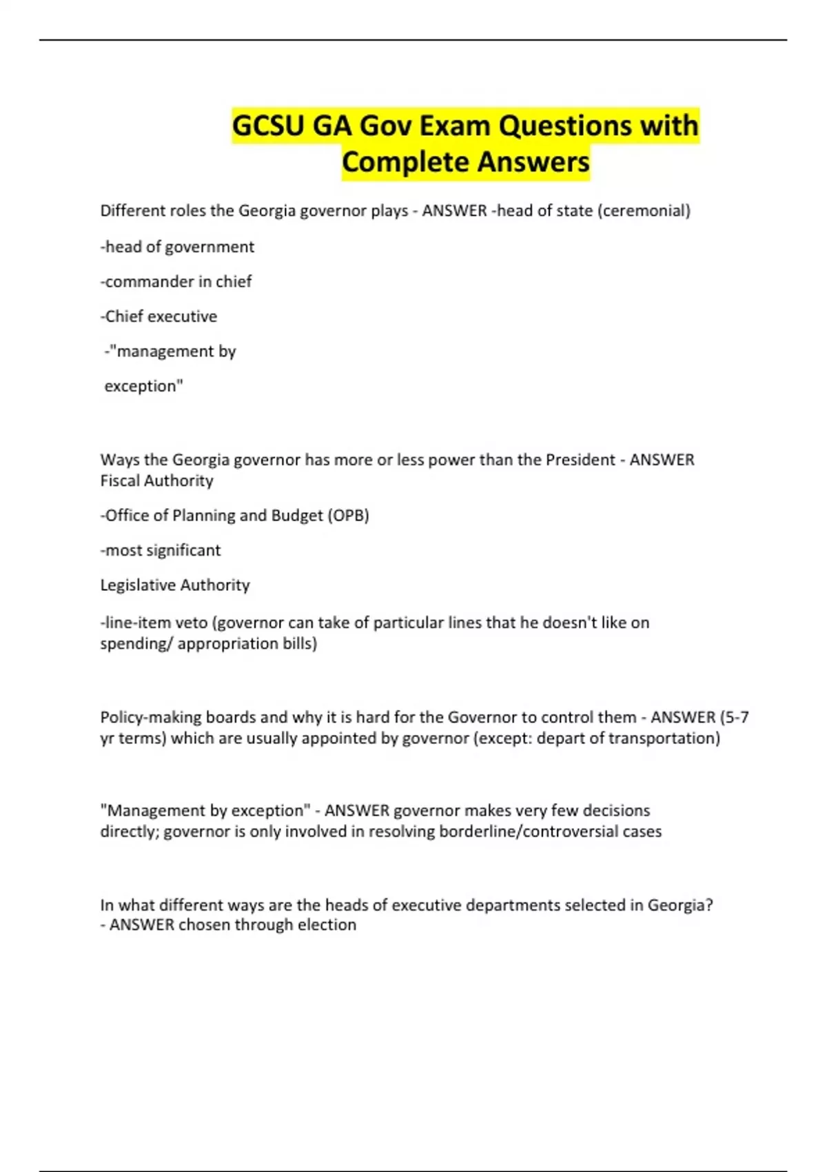 GCSU GA Gov Exam Questions with Complete Answers - GCSU GA - Stuvia US