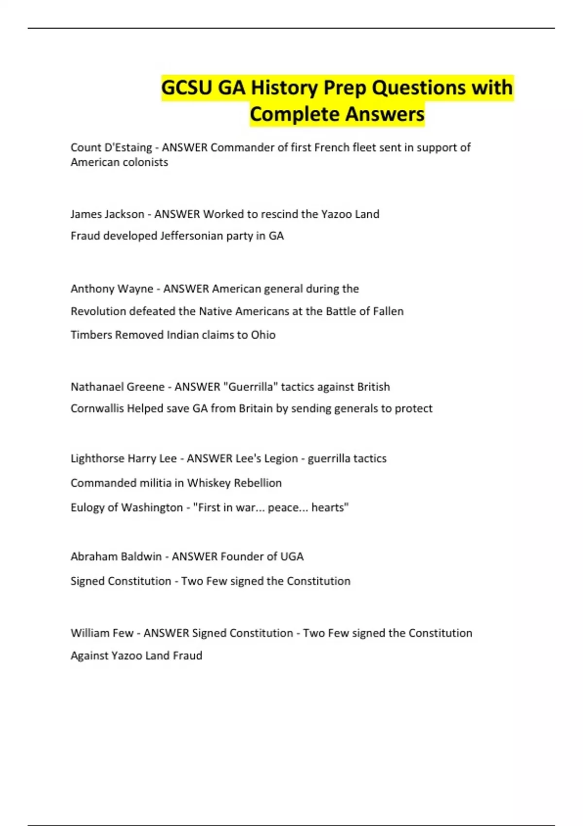 GCSU GA History Prep Questions with Complete Answers - GCSU GA - Stuvia US