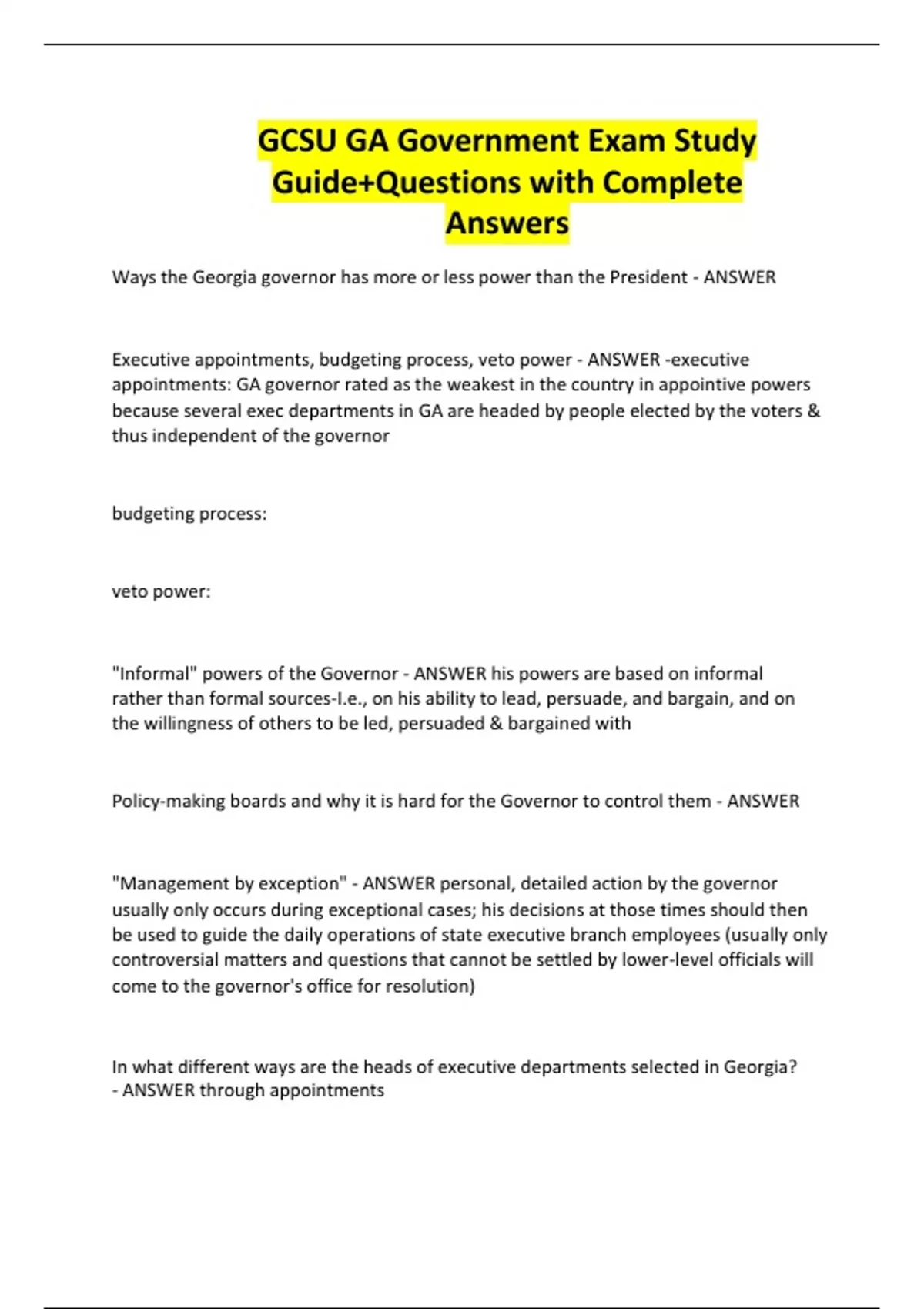 GCSU GA Government Exam Study Guide+Questions with Complete Answers - GCSU GA - Stuvia US