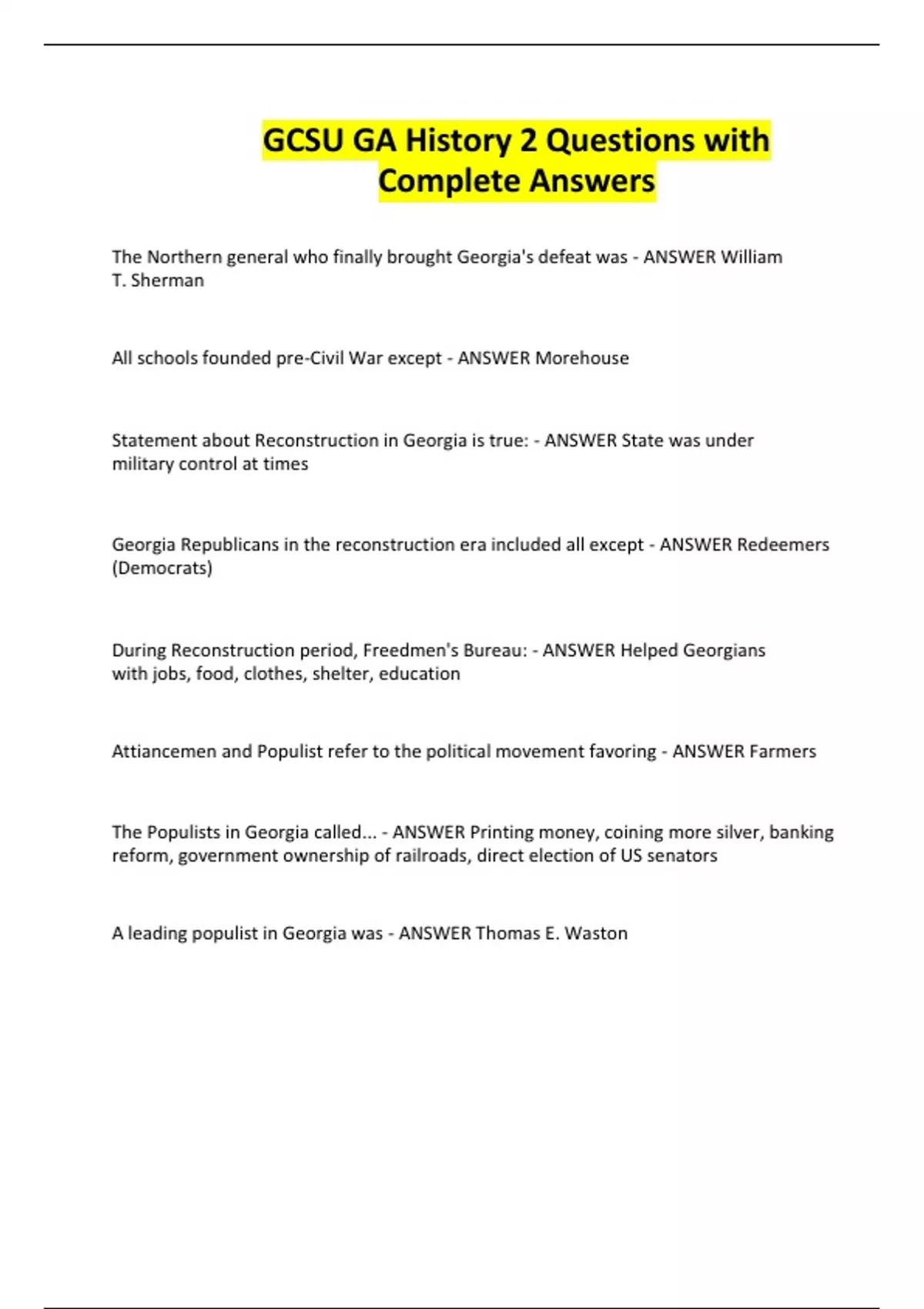 GCSU GA History 2 Questions with Complete Answers - GCSU GA - Stuvia US