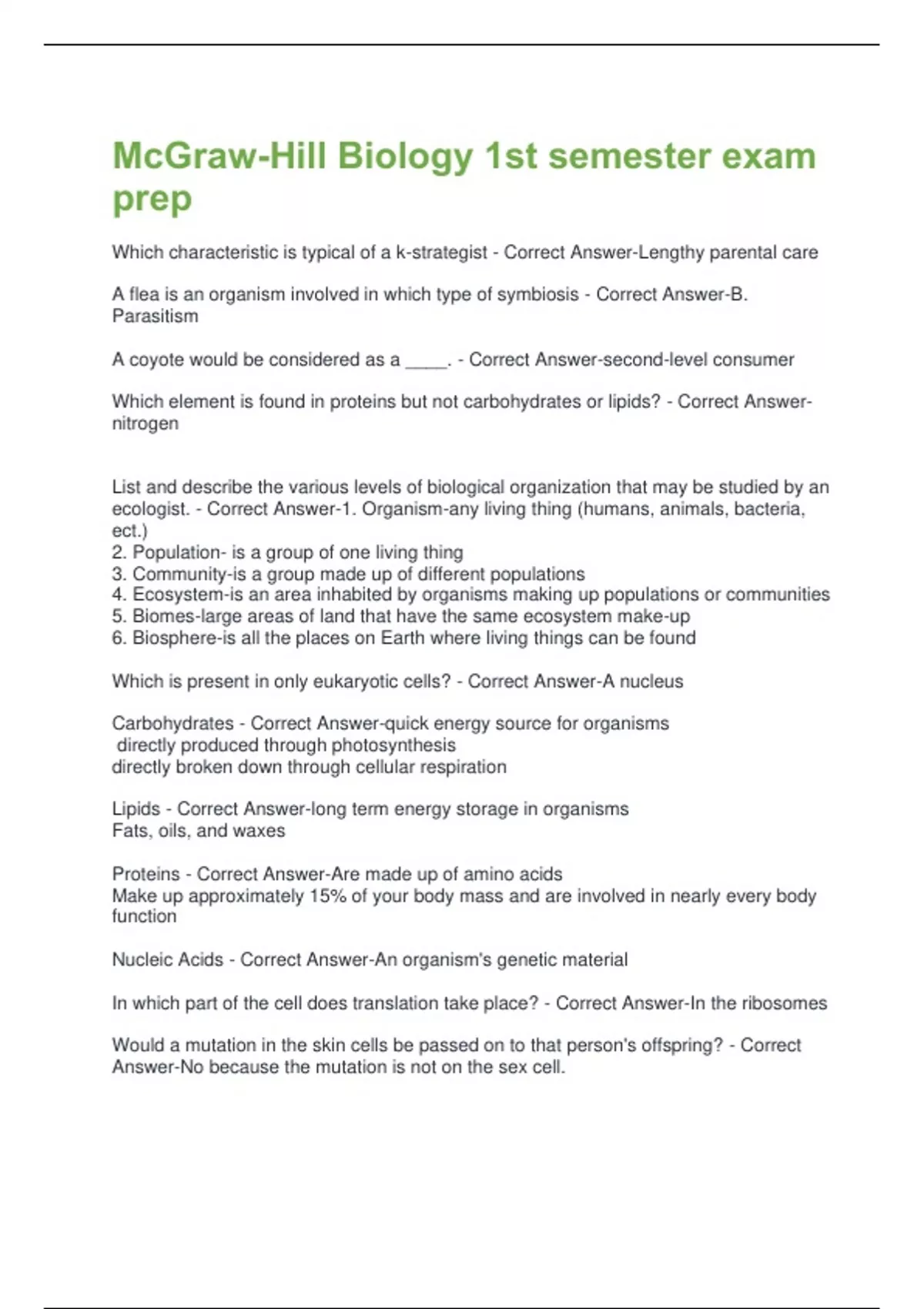 McGraw-Hill Biology 1st semester exam prep questions and answers all ...