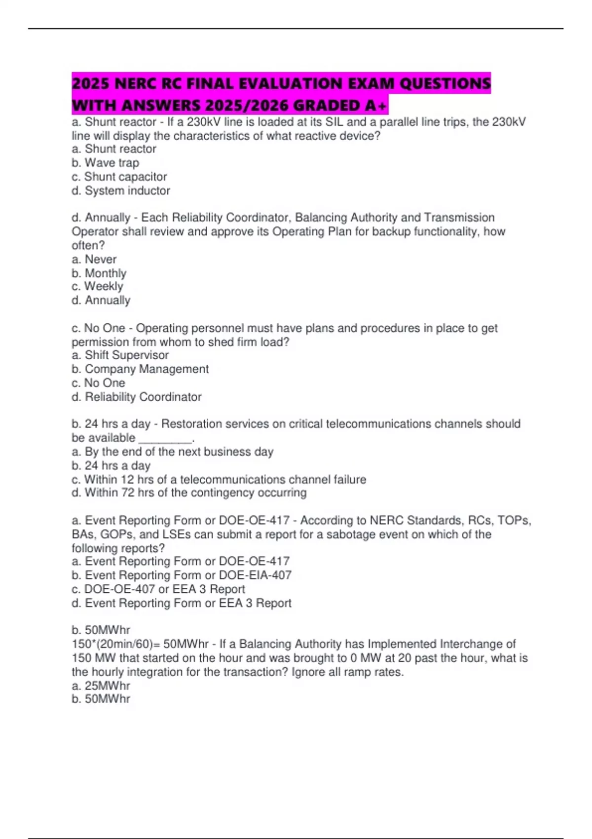 2025 NERC RC FINAL EVALUATION EXAM QUESTIONS WITH ANSWERS 2025/2026 ...