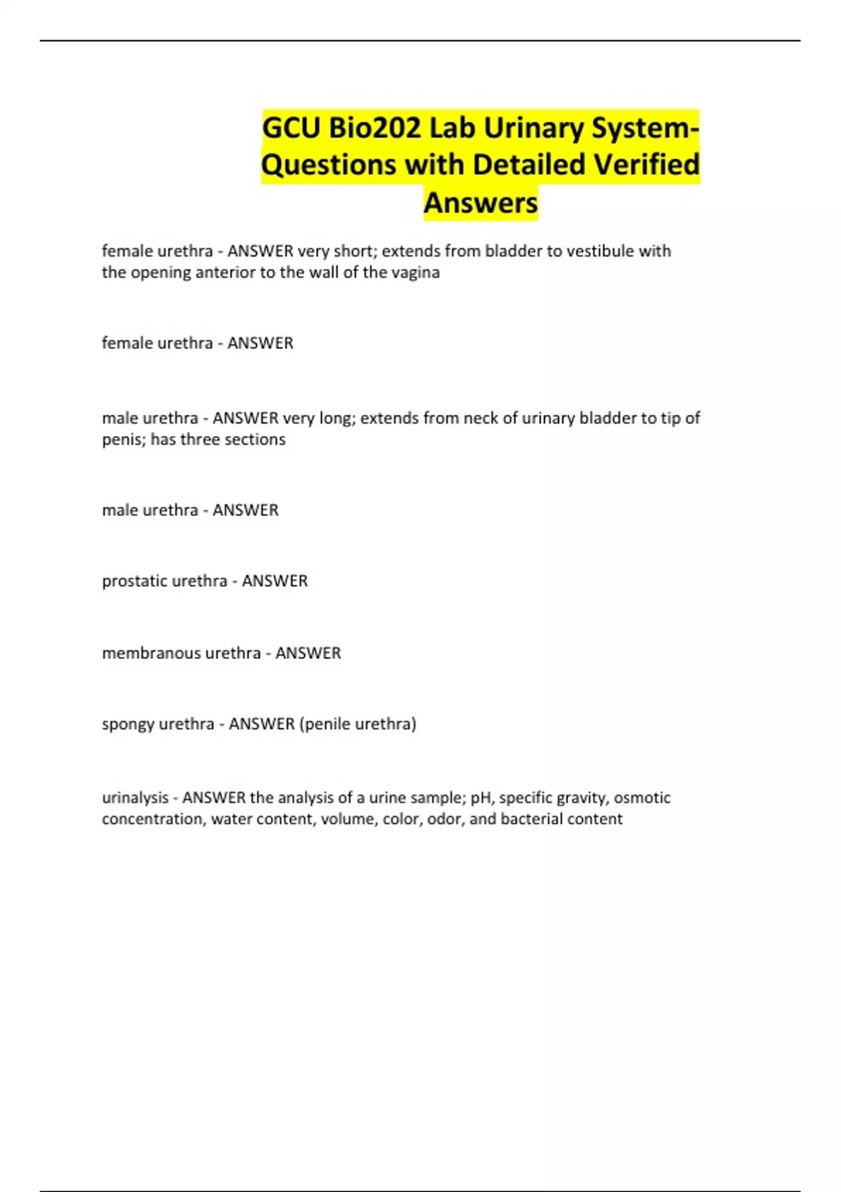 GCU Bio202 Lab Urinary System- Questions with Detailed Verified Answers ...