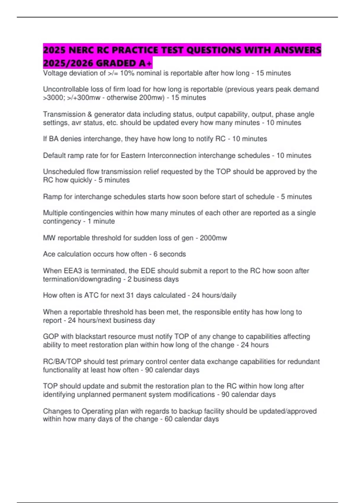 2025 NERC RC PRACTICE TEST QUESTIONS WITH ANSWERS 2025/2026 GRADED A+ ...