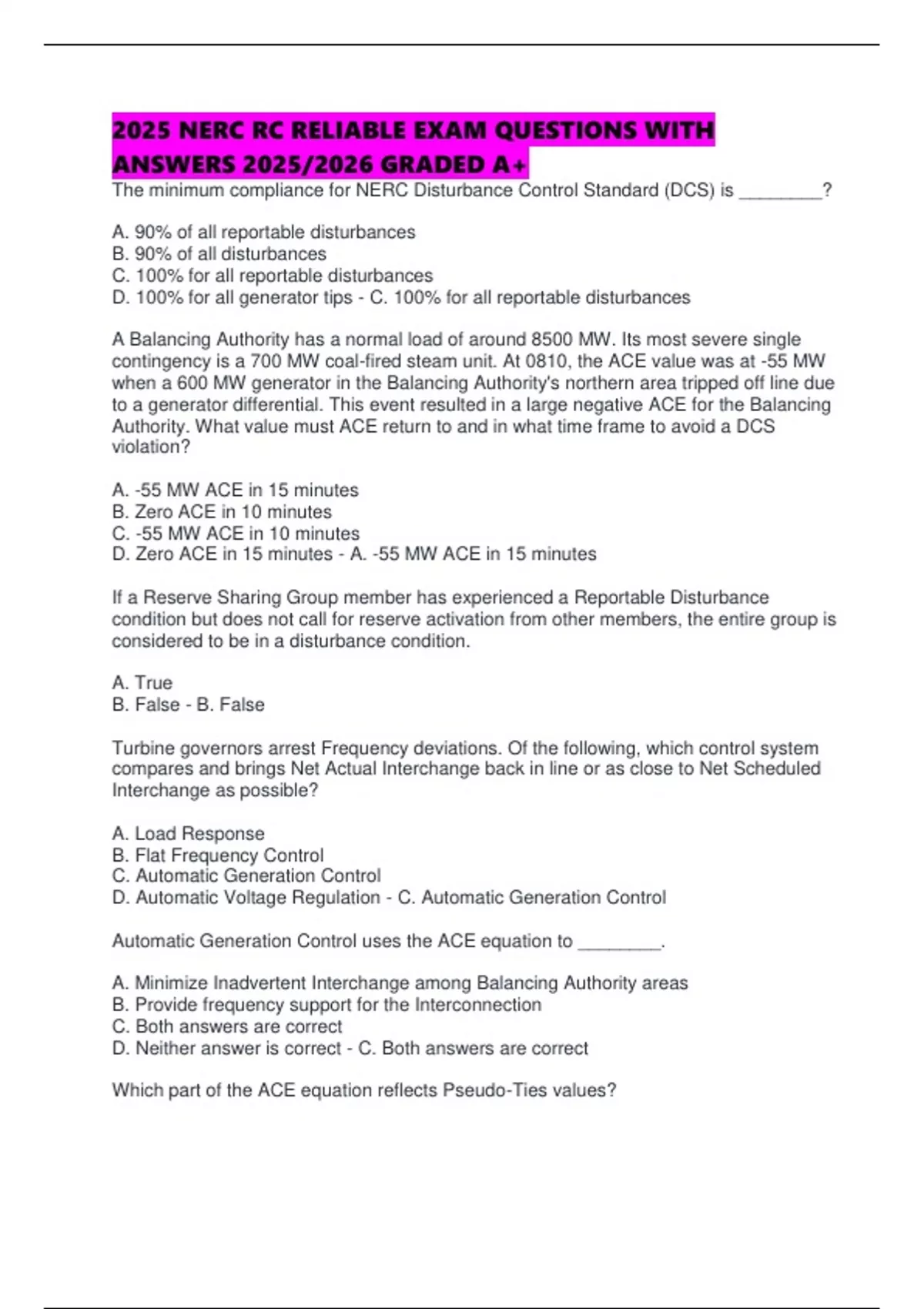 2025 NERC RC RELIABLE EXAM QUESTIONS WITH ANSWERS 2025/2026 GRADED A+ ...