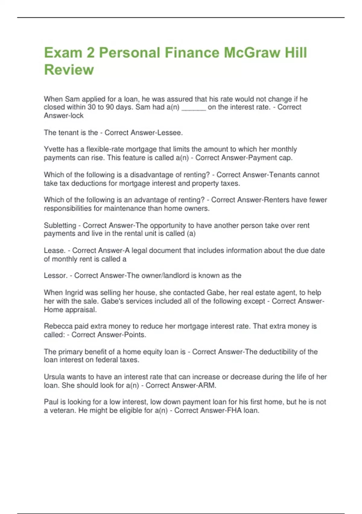 Exam 2 Personal Finance McGraw Hill Review questions and answers all ...