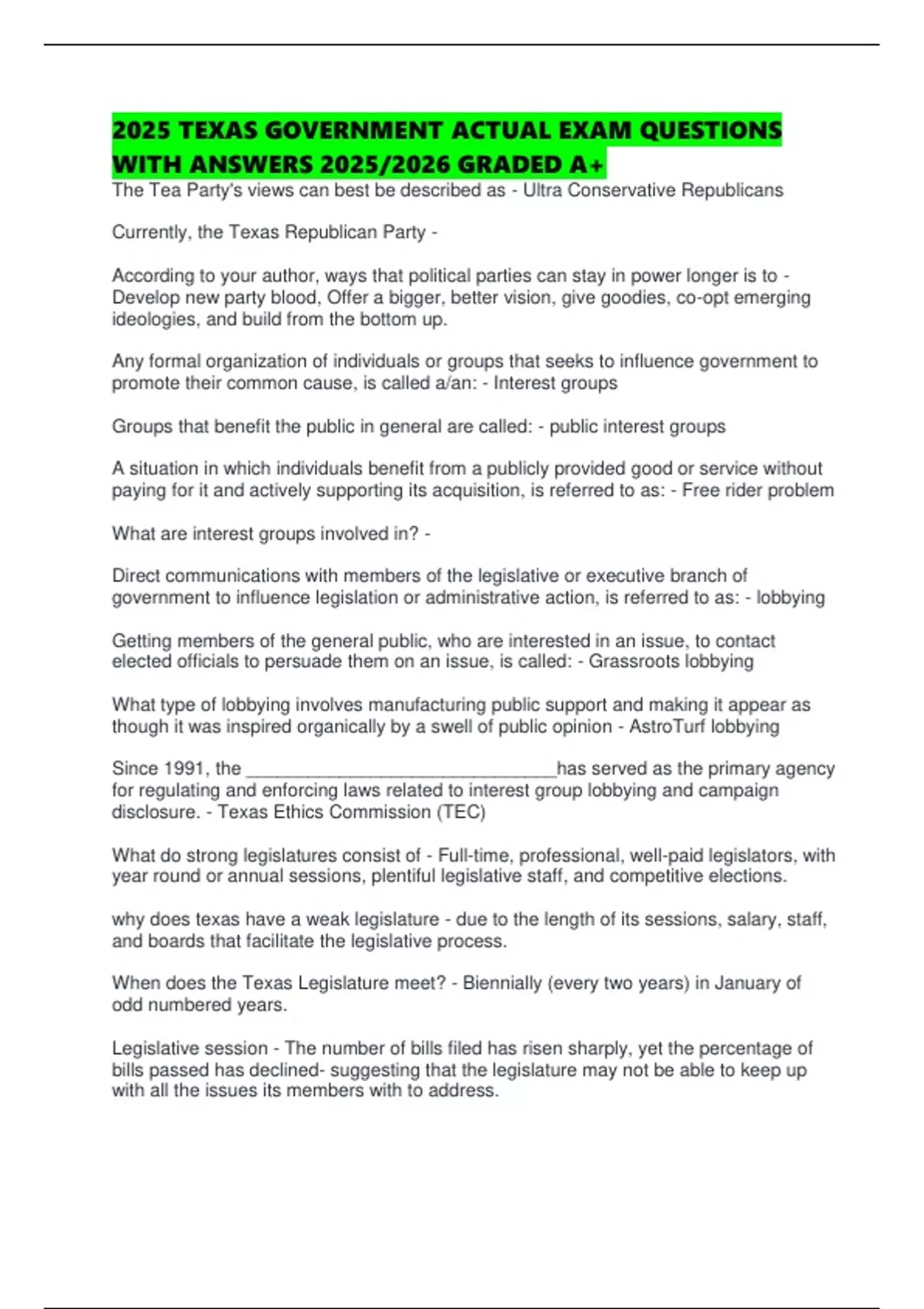 2025 TEXAS GOVERNMENT ACTUAL EXAM QUESTIONS WITH ANSWERS 2025/2026 ...