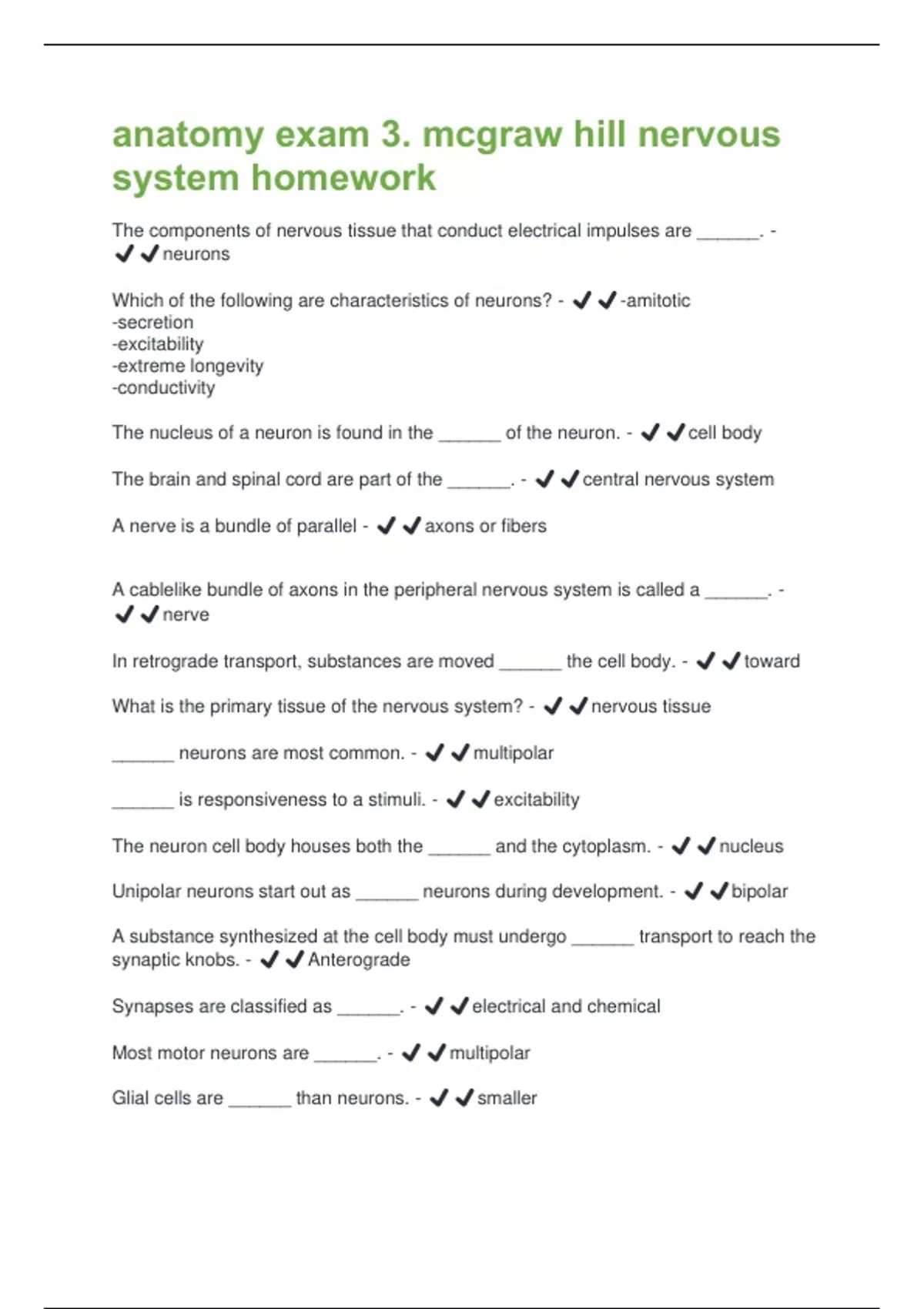 anatomy exam 3. mcgraw hill nervous system homework questions and ...