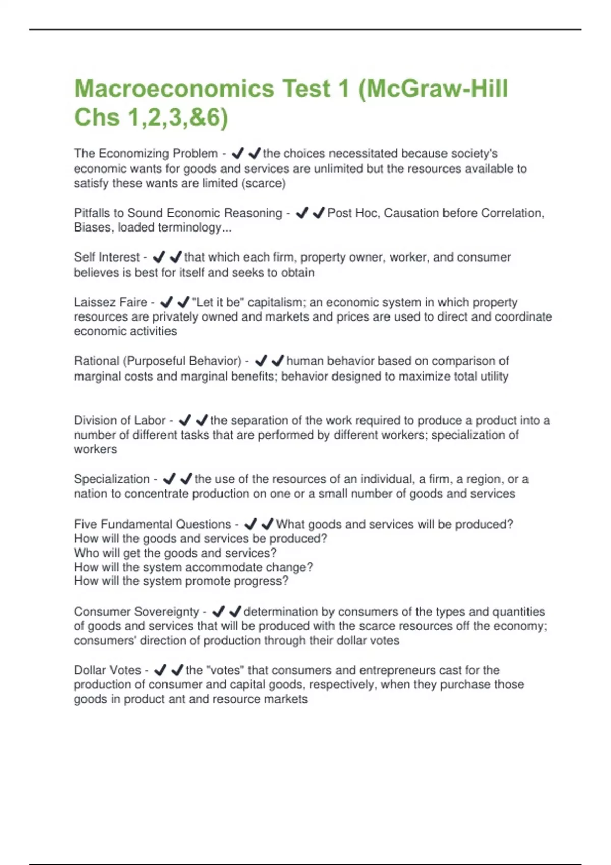 Macroeconomics Test 1 (McGraw-Hill Chs 1,2,3,&6) questions and answers ...
