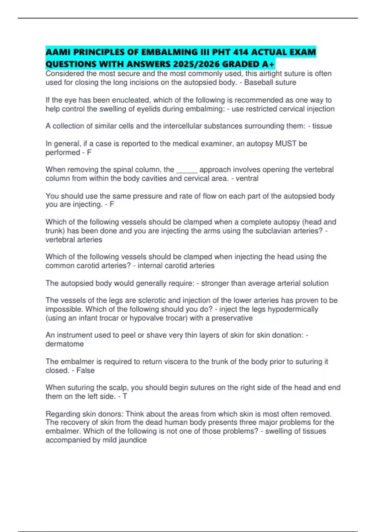 AAMI PRINCIPLES OF EMBALMING III PHT 414 ACTUAL EXAM QUESTIONS WITH ...