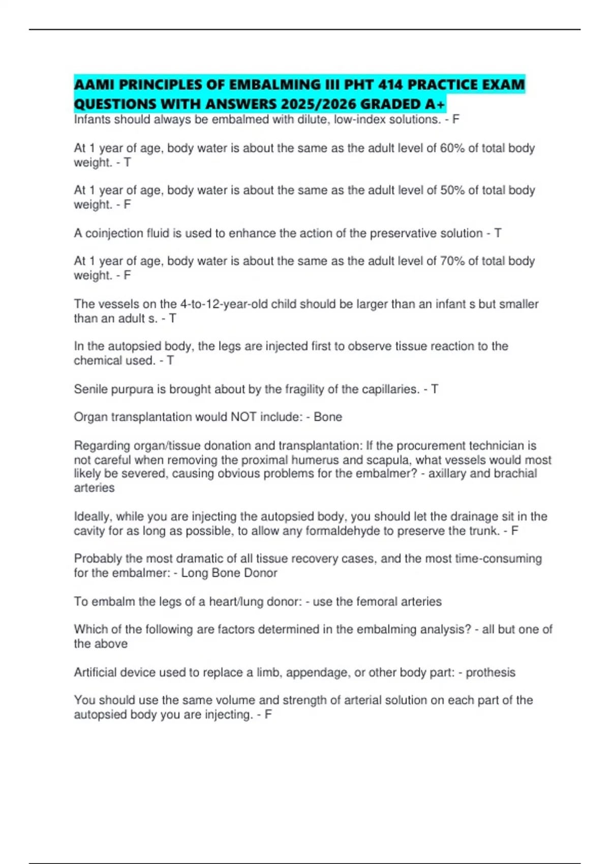 AAMI PRINCIPLES OF EMBALMING III PHT 414 PRACTICE EXAM QUESTIONS WITH ...